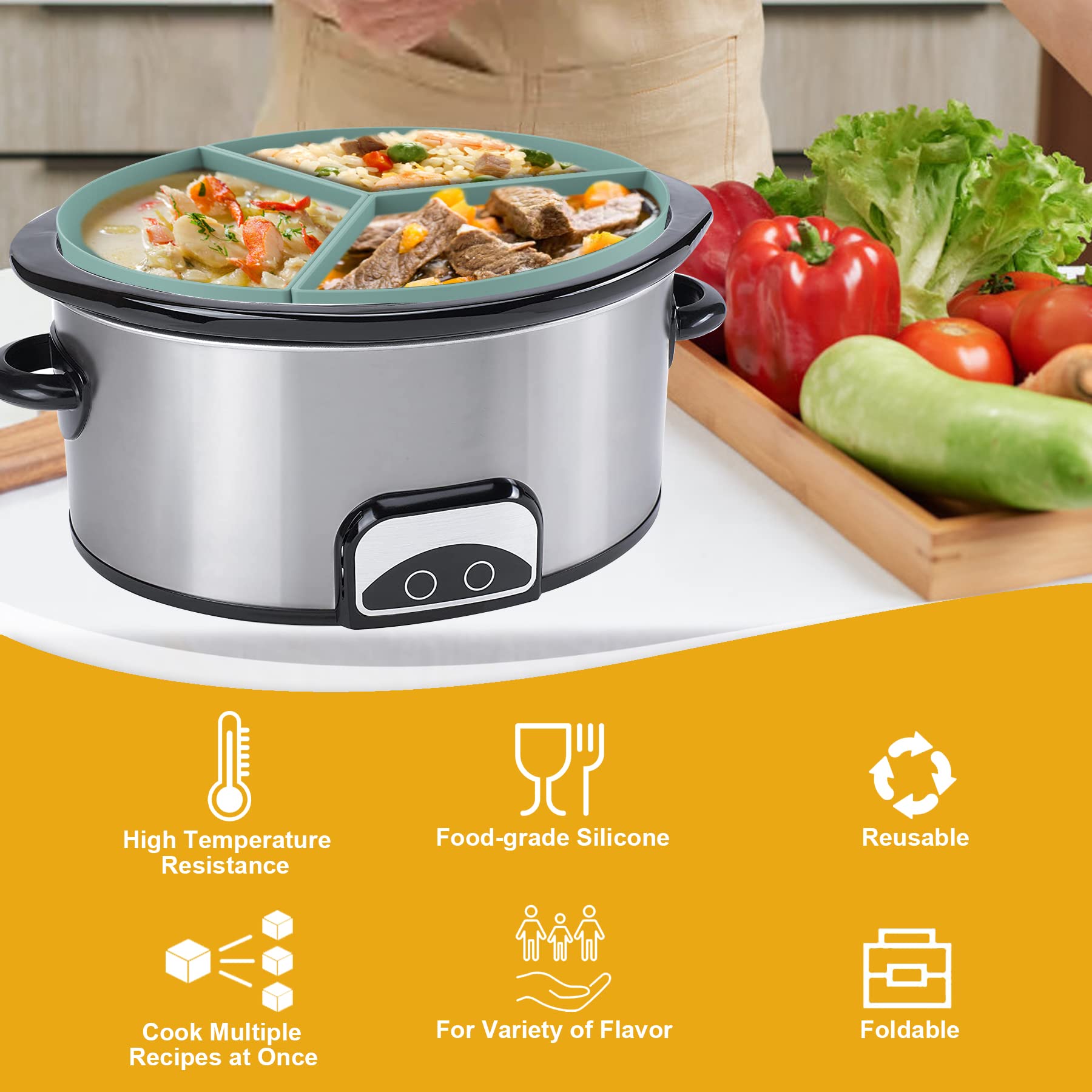Slow Cooker Liners - Crock Pot Liners Silicone Insert Divider 3 IN 1, For 6 Quart Oval Slow Cookers, Reusable Silicone Slow Cooker Liner For Crock Pot Divider Insert, Dishwasher Safe BPA Free,7QT