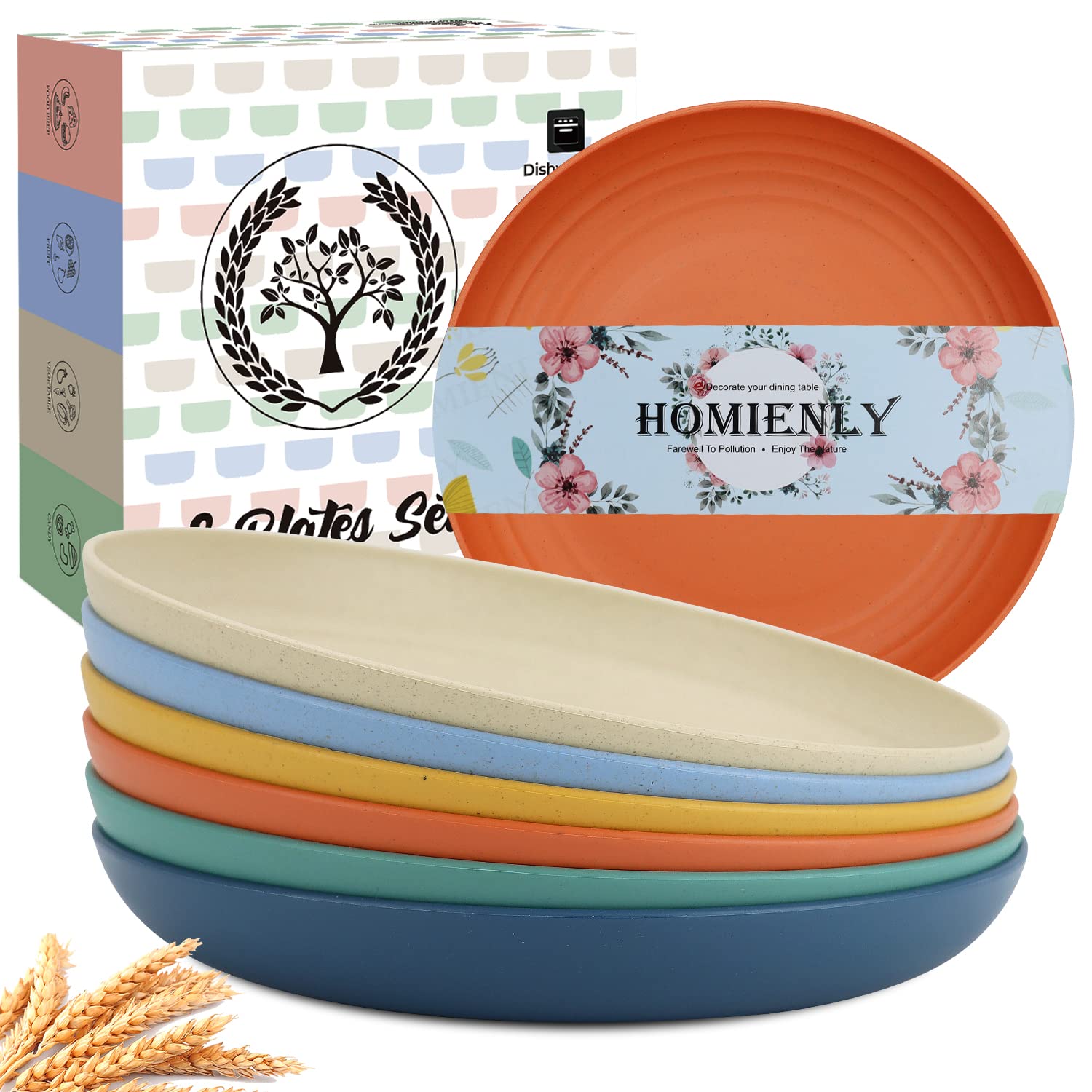 Homienly 6 PCS Deep Dinner Plates Alternative for Plastic Plates Microwave and Dishwasher Safe Wheat Straw Plates for Kitchen Unbreakable Kids Plates with 6 Colors (8 INCH)