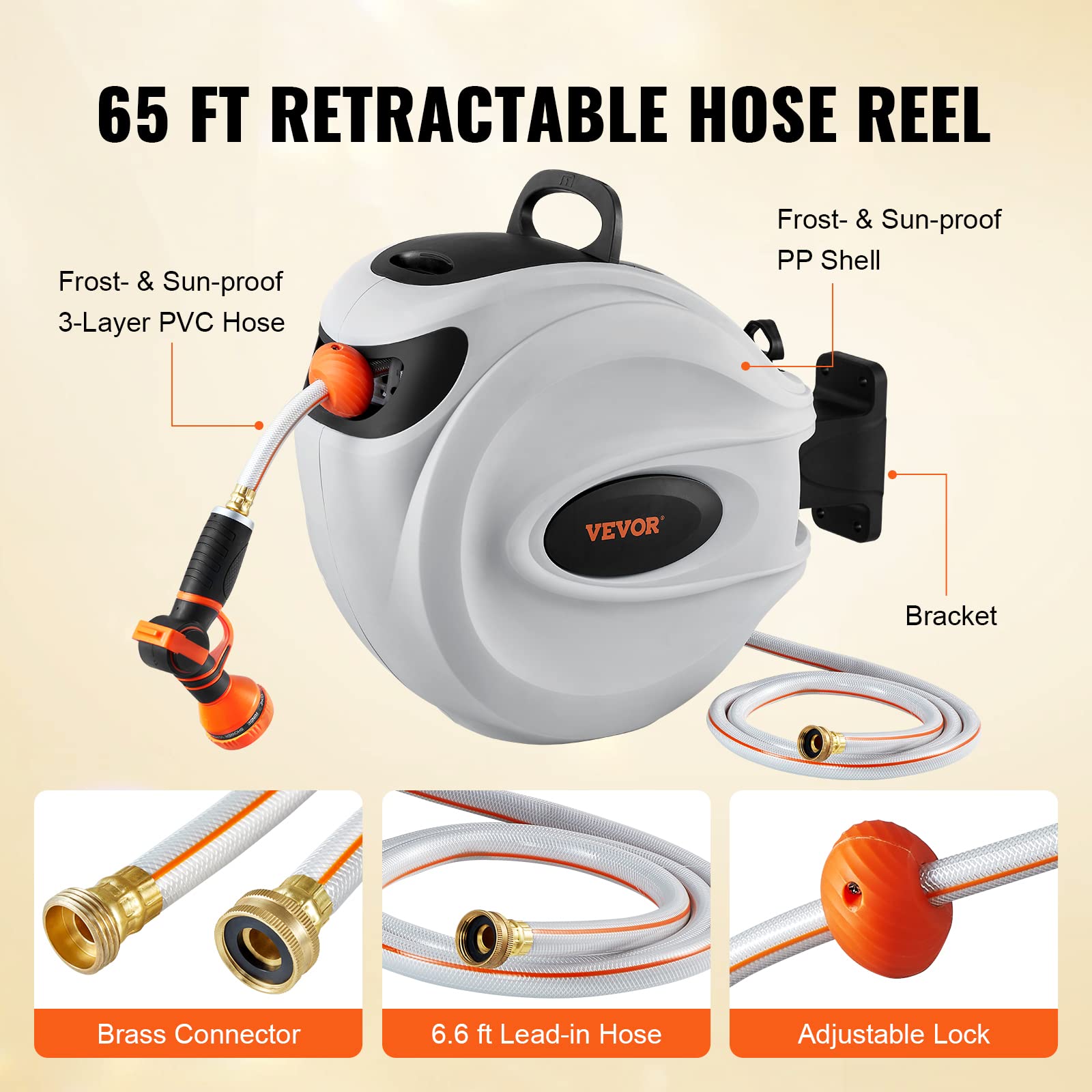 VEVOR Retractable Hose Reel, 65 ft x 5/8 inch, 180° Swivel Bracket Wall-Mounted, Garden Water Hose Reel with 9-Pattern Nozzle, Automatic Rewind, Lock at Any Length, and Slow Return System