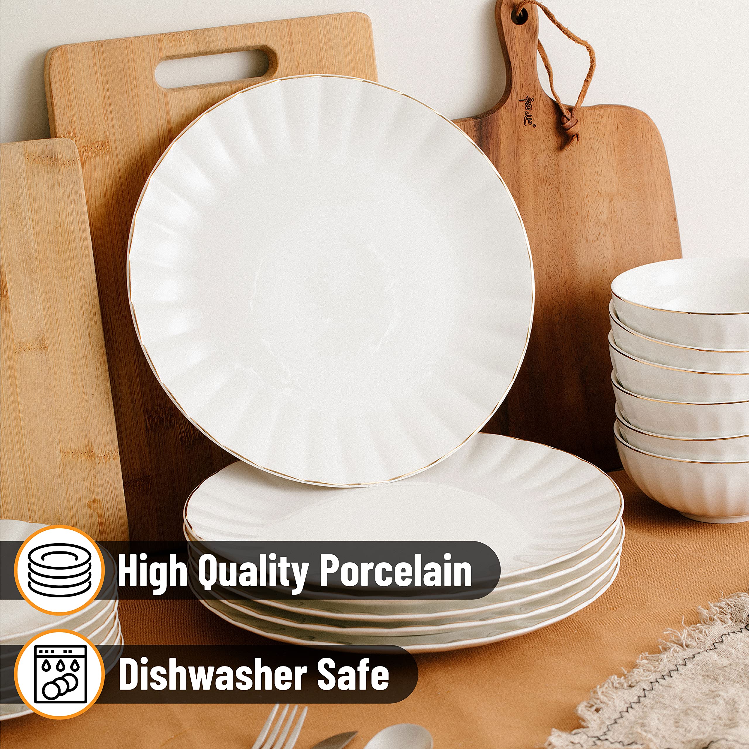 BTaT- Porcelain Dinner Plates with Gold Trim,10.5 inch, Set of 6, White Dinner Plates, White Dinner Plates Bulk, White Plate Set, Plates, Dinner Plates