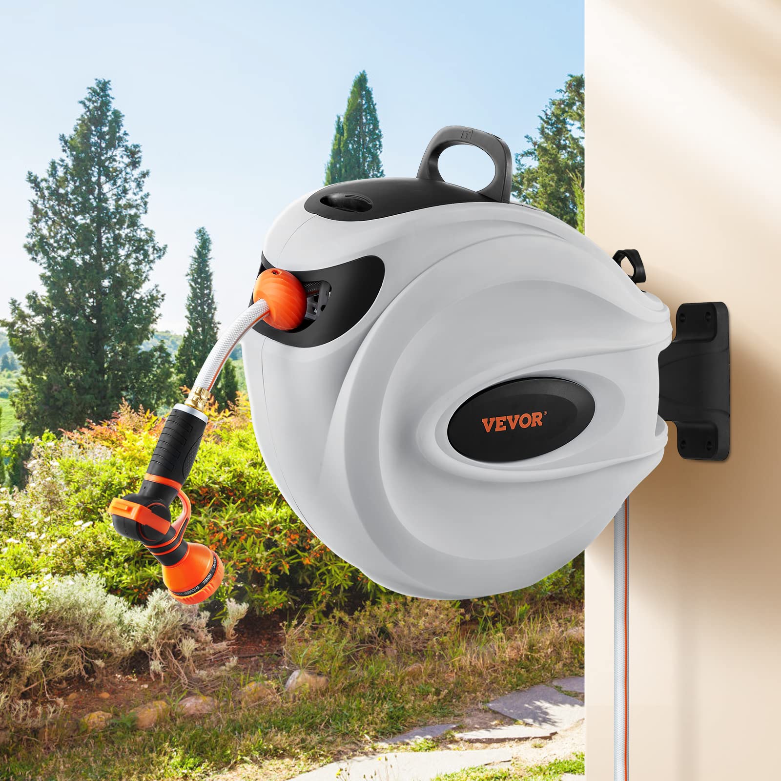 VEVOR Retractable Hose Reel, 65 ft x 5/8 inch, 180° Swivel Bracket Wall-Mounted, Garden Water Hose Reel with 9-Pattern Nozzle, Automatic Rewind, Lock at Any Length, and Slow Return System