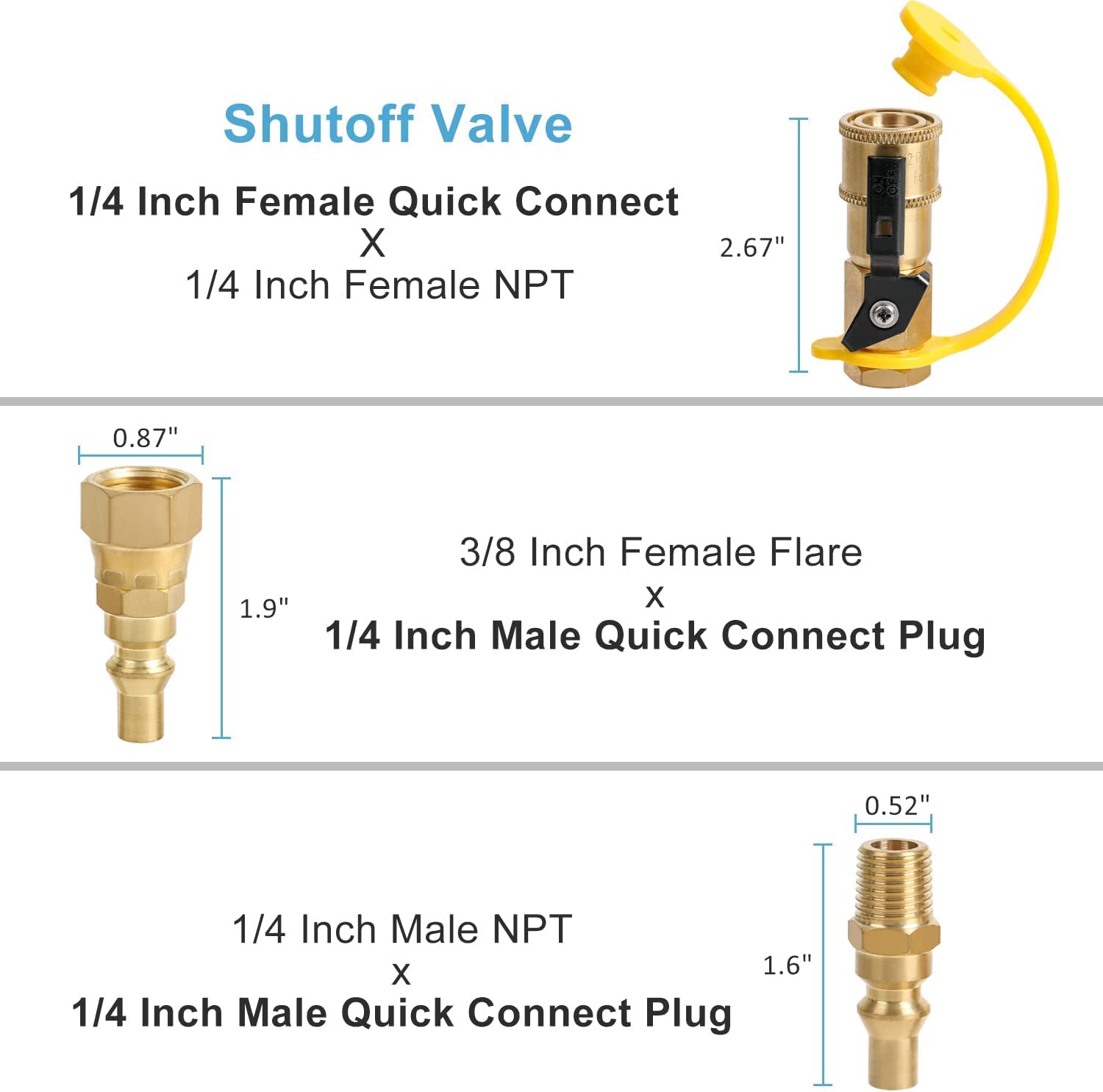 ATKKE Propane Quick Connect Adapter Fittings, 1/4β RV Quick Connect Disconnect Adapter Shutoff Valve Kit for Hook RV Hose Pipe Line, Gas BBQ Grill RV Camping