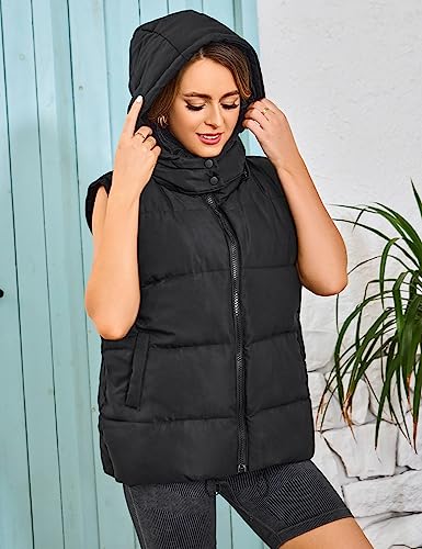 Aisongyuan Women's Puffer Detachable Hooded Vest Quilted Lightweight Padded Gilet Jacket Zip Up Warm Outerwear(Black,M)