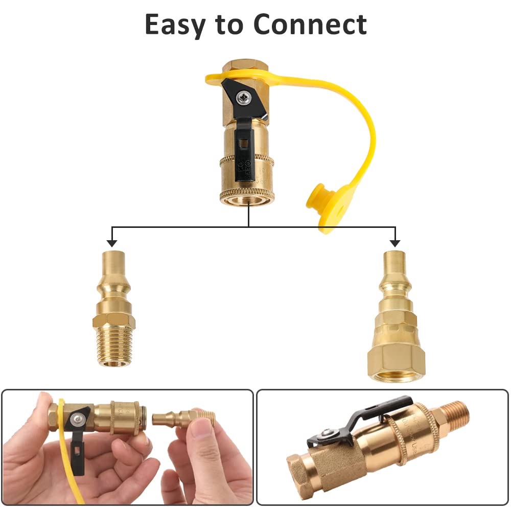 ATKKE Propane Quick Connect Adapter Fittings, 1/4β RV Quick Connect Disconnect Adapter Shutoff Valve Kit for Hook RV Hose Pipe Line, Gas BBQ Grill RV Camping