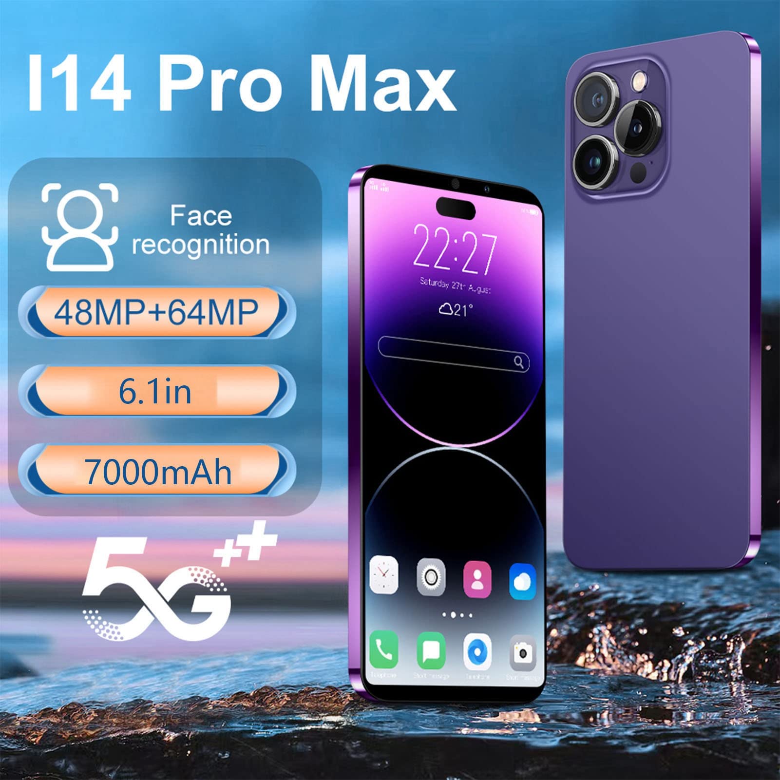 ariarly Unlocked Cell Phone I14 Pro Max 6.1 Inch Smartphone for Androd 11.0 4GB + 64GB Support 5G Dual Band with 7000mAh Battery 8MP 16 MP Camera purple