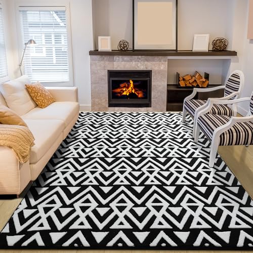 Unirea Geometric Shag Area Rugs for Bedroom Living Room, 3x5 Feet Machine Washable Small Rug Memory Foam Fluffy Carpet for Kids Room Dorm Nursery Bedside Play Mat Accent Home Decor, Black