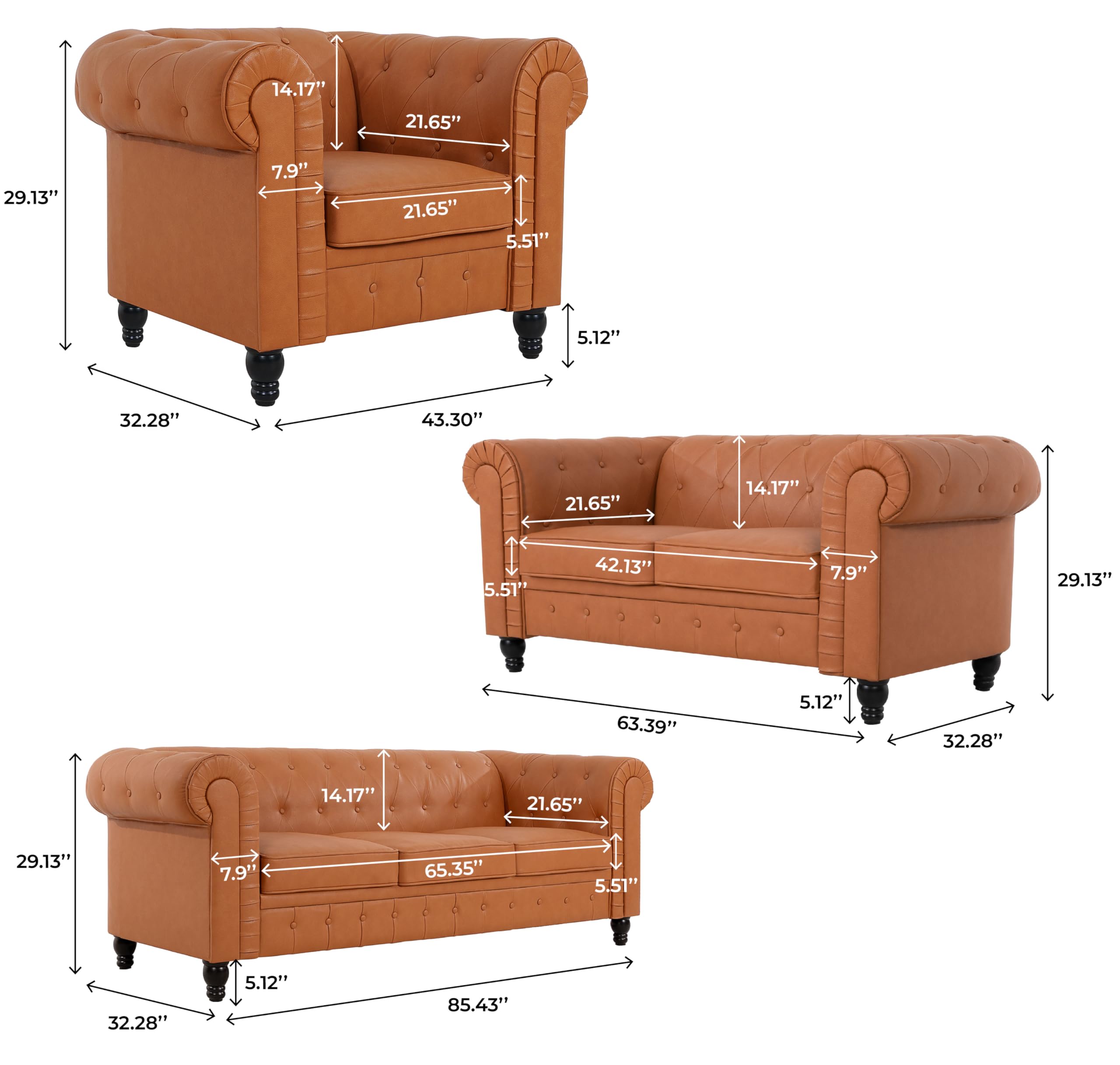 Emery Chesterfield 3 Piece Living Room Sectional Sofa Set with Rolled Arms, Tufted Cushion Sofas for Living Room Set Includes Sofa, Loveseat Couch, Accent Arm Chair / Easy Tool-Free Assembly β Caramel