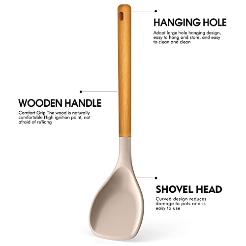 Large Silicone Cooking Utensils Set - Heat Resistant Silicone Utensils for Cooking w Long Wooden Handles, Kitchen Utensil Spatula Set, Kitchen Gadgets for Non-Stick Cookware, BPA Free(Khaki)