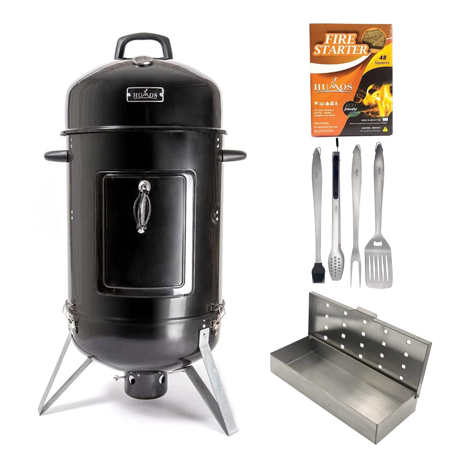 HUMOS, Combo, Outdoor Vertical Charcoal Smoker 3, Premium Extra Thick BBQ Tools Set x 4 pcs, Wood Fire Starter 48 Squares for Grill and Top Meat Smokers Box in Barbecue Grilling Accessories.