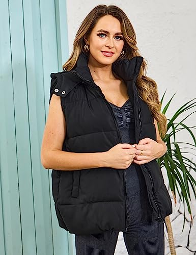 Aisongyuan Women's Puffer Detachable Hooded Vest Quilted Lightweight Padded Gilet Jacket Zip Up Warm Outerwear(Black,M)