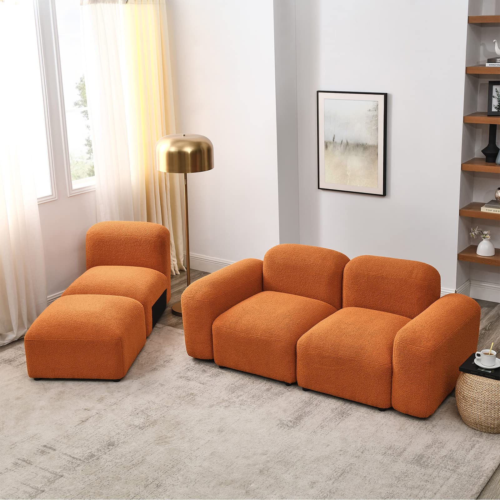 Taiweny Convertible Modular Sectional Sofa, Teddy Fabric L-Shaped Modern Bubble Couch with Ottoman, 3-Seater Sherpa Teddy Sofas for Living Room Apartment, 94”, Orange