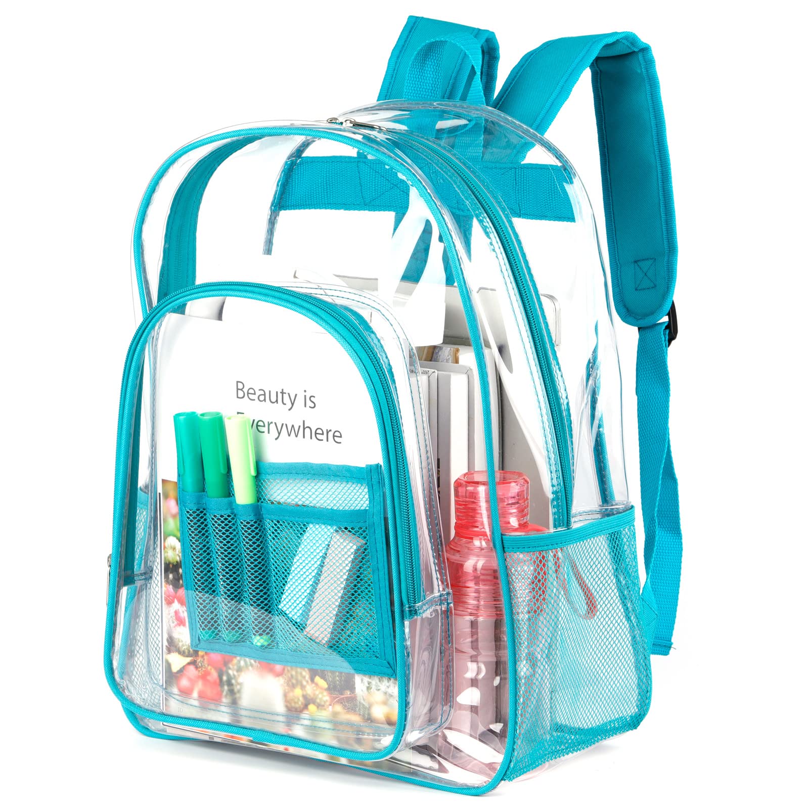 Clear Backpack Heavy Duty with Reinforced Straps, Side Pockets for Kids, Boys, Girls, School - Turquoise,Teal