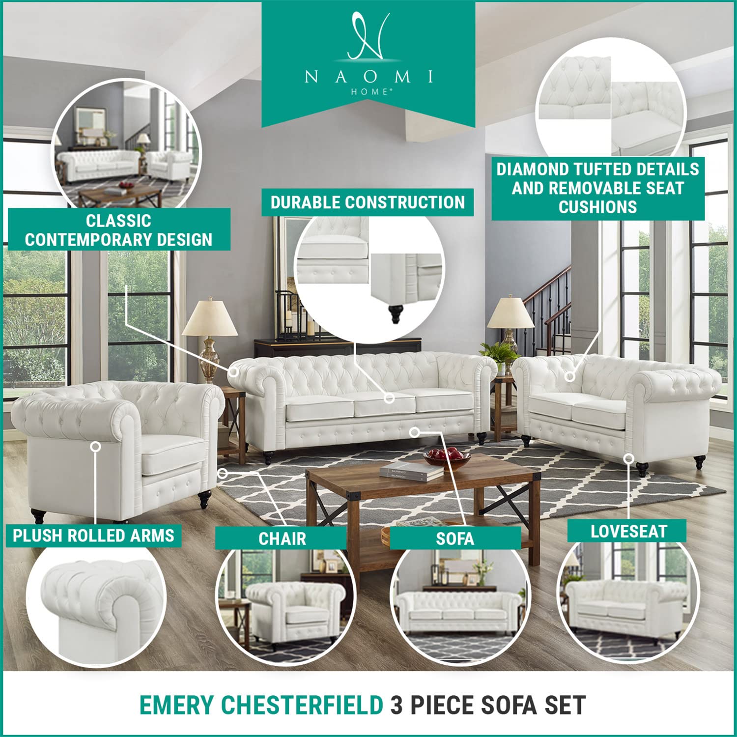 Emery Chesterfield 3 Piece Living Room Sectional Sofa Set with Rolled Arms, Tufted Cushion Sofas for Living Room Set Includes Sofa, Loveseat Couch, Accent Arm Chair / Easy Tool-Free Assembly β Caramel