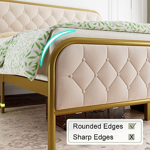 Feonase Full Bed Frame, Upholstered Platform Bed Frame with Diamond Velvet Tufted Headboard, Heavy Duty Metal Slats, 12" Storage Space, No Box Spring Needed, Easy Assembly, Noise-Free, Gold
