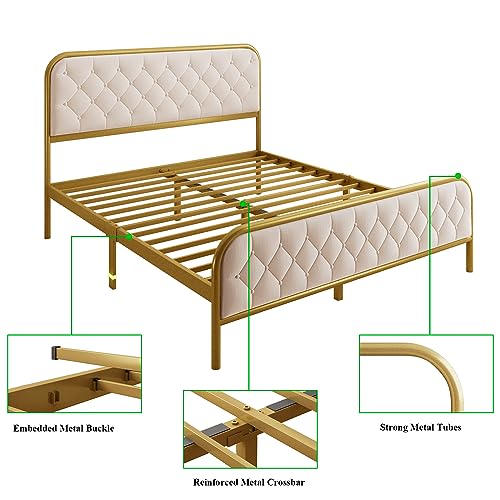 Feonase Full Bed Frame, Upholstered Platform Bed Frame with Diamond Velvet Tufted Headboard, Heavy Duty Metal Slats, 12" Storage Space, No Box Spring Needed, Easy Assembly, Noise-Free, Gold