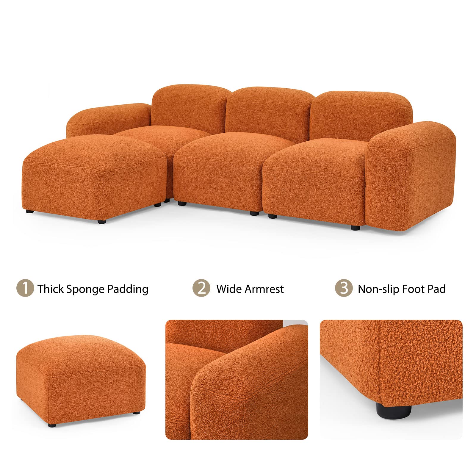 Taiweny Convertible Modular Sectional Sofa, Teddy Fabric L-Shaped Modern Bubble Couch with Ottoman, 3-Seater Sherpa Teddy Sofas for Living Room Apartment, 94”, Orange