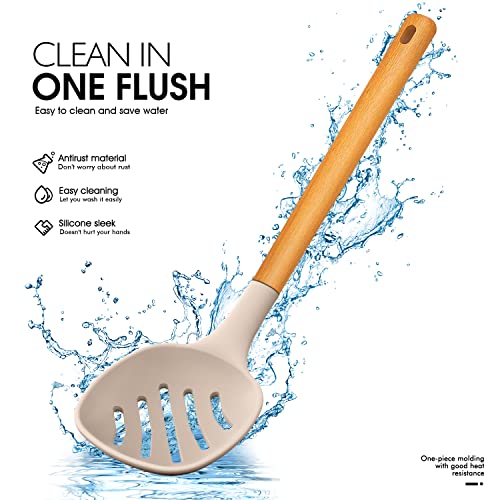 Large Silicone Cooking Utensils Set - Heat Resistant Silicone Utensils for Cooking w Long Wooden Handles, Kitchen Utensil Spatula Set, Kitchen Gadgets for Non-Stick Cookware, BPA Free(Khaki)