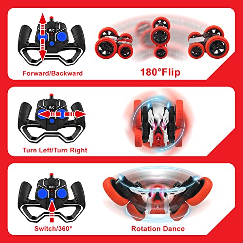 RC Stunt Car for Kids - OWNONE Double Side Remote Control Car for Boys, 360°Flips Rotating Stunt Car with LED Lights, 4WD 2.4Ghz Rechargeable Stunt Remote Control Car Toy (Red)