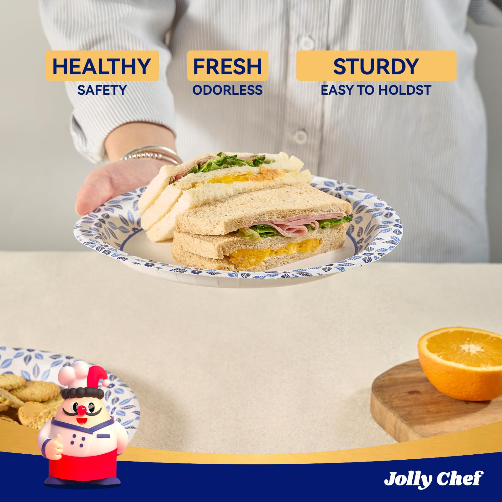 JOLLY CHEF 8.37 inch Disposable Paper Plates 140 Count Soak Proof, Cut Proof, Heavy Duty Printed Disposable Plate for Everyday Use