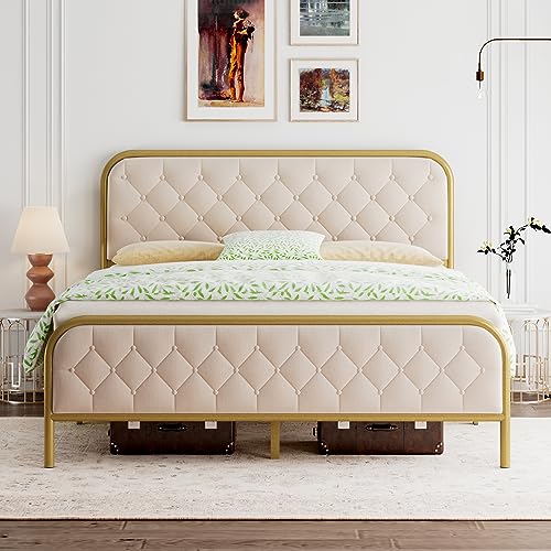 Feonase Full Bed Frame, Upholstered Platform Bed Frame with Diamond Velvet Tufted Headboard, Heavy Duty Metal Slats, 12" Storage Space, No Box Spring Needed, Easy Assembly, Noise-Free, Gold