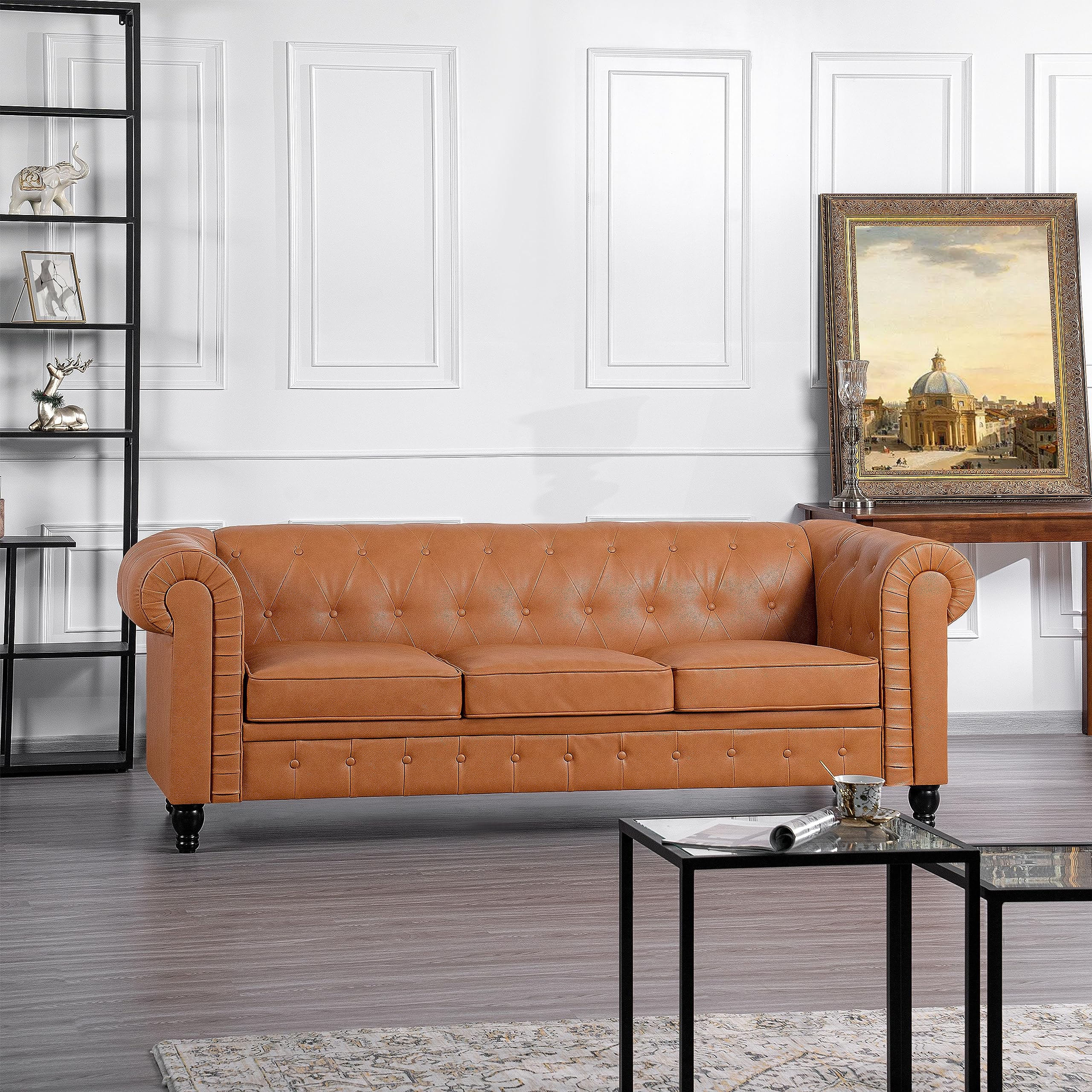 Emery Chesterfield 3 Piece Living Room Sectional Sofa Set with Rolled Arms, Tufted Cushion Sofas for Living Room Set Includes Sofa, Loveseat Couch, Accent Arm Chair / Easy Tool-Free Assembly β Caramel