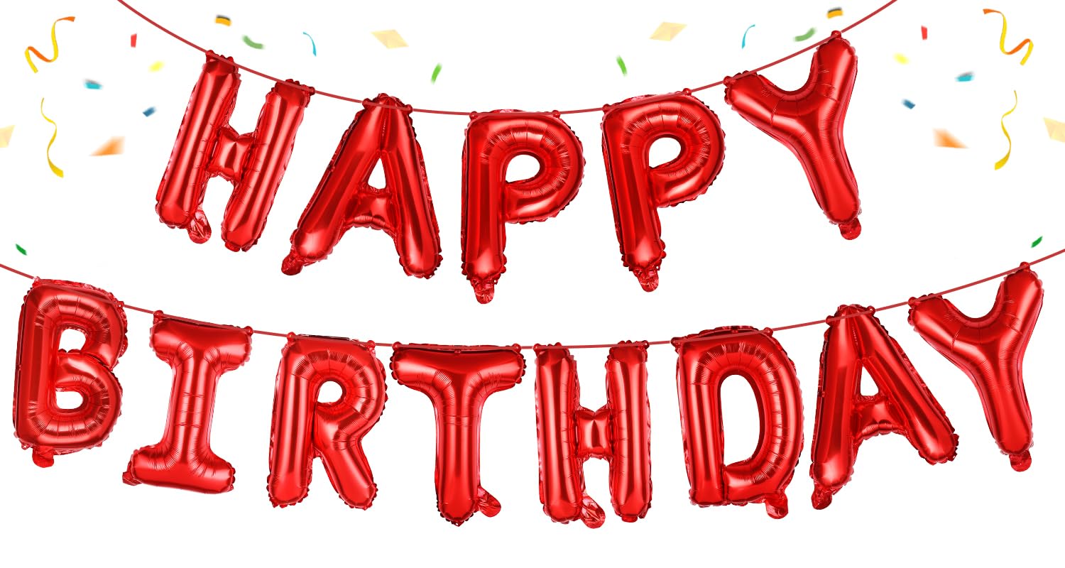 3D Red Happy Birthday Balloons Banner 16 Inch Mylar Foil Balloon Letters Balloons Red Aluminum Foil Letters Sign Bunting Reusable Party Decor for Kids Boys Men Women Adult Baby Shower Party Supplies