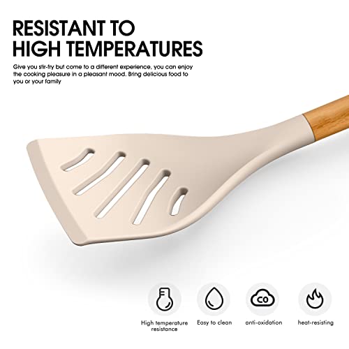 Large Silicone Cooking Utensils Set - Heat Resistant Silicone Utensils for Cooking w Long Wooden Handles, Kitchen Utensil Spatula Set, Kitchen Gadgets for Non-Stick Cookware, BPA Free(Khaki)