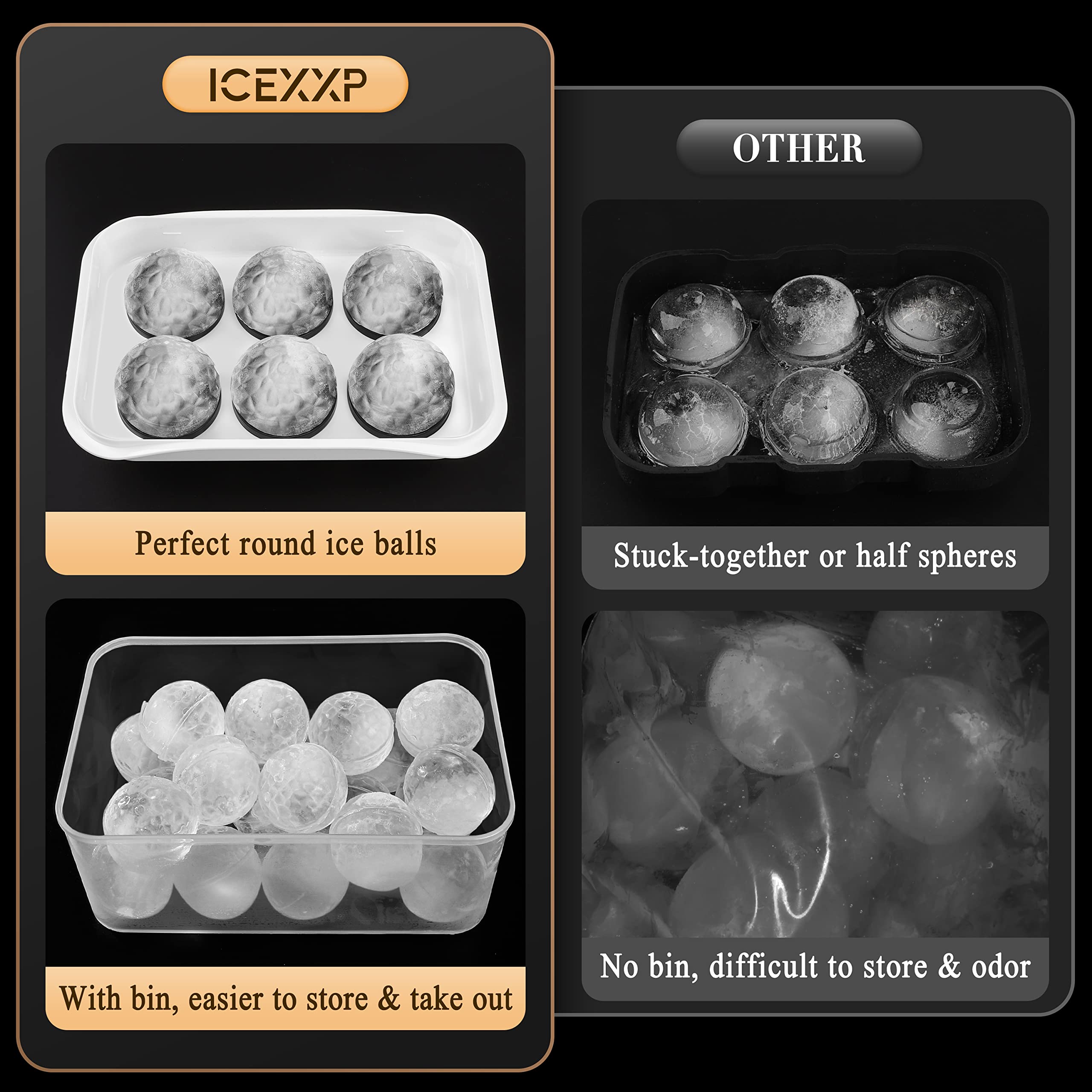 Whiskey Ice Ball Maker with Lid and Bin, Round Ice Cube Trays for Freezer, Large Sphere Whiskey Ice Cube Tray,Circle Ice Cube Tray for Cocktail Bourbon Brandy Scotch