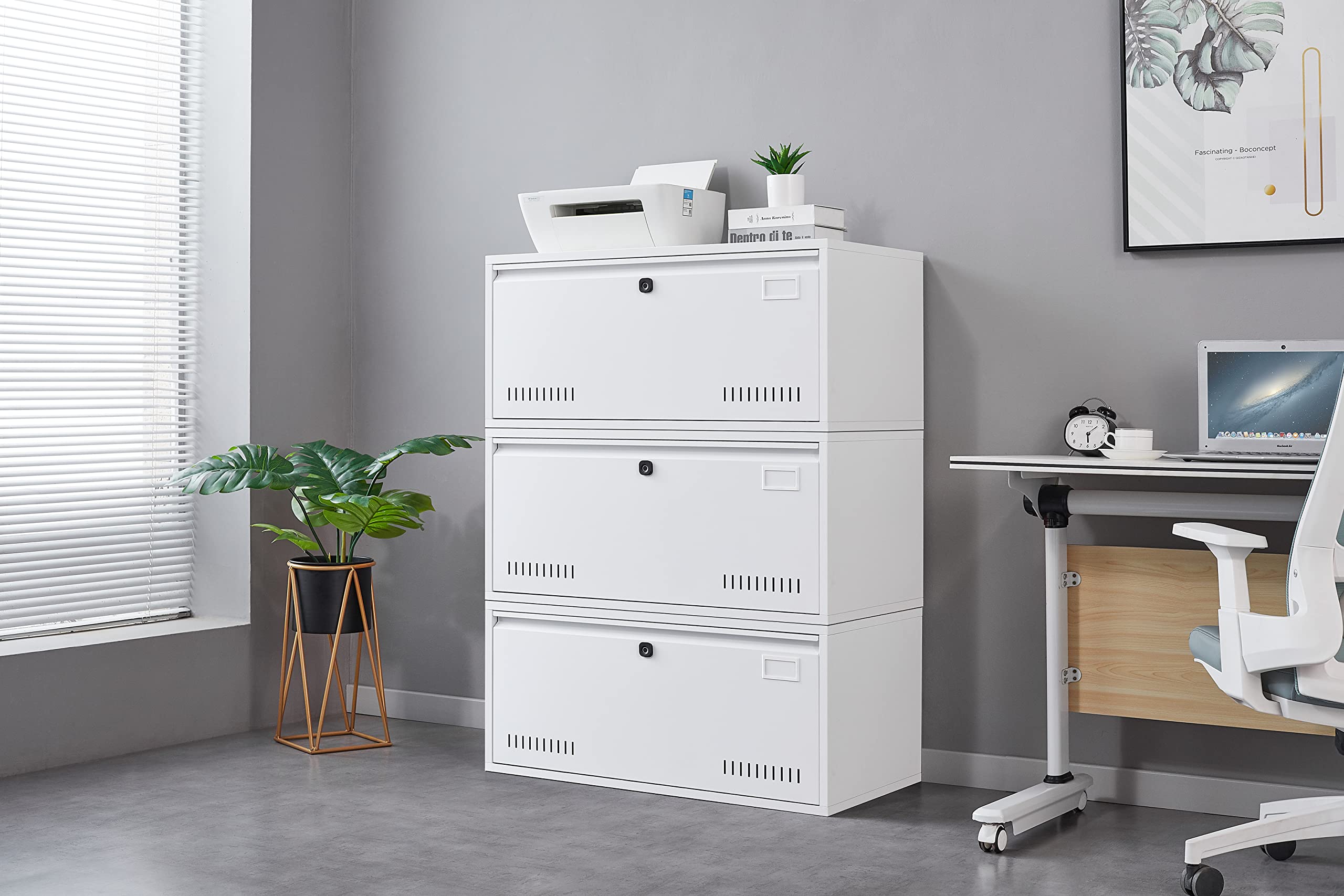 Voohek, Large Biometric Fingerprint Lateral, Steel Storage Drawer Metal Filing Cabinet with Hanging Rod for Letter/Legal/A4 Size, for Home Office Using (White)