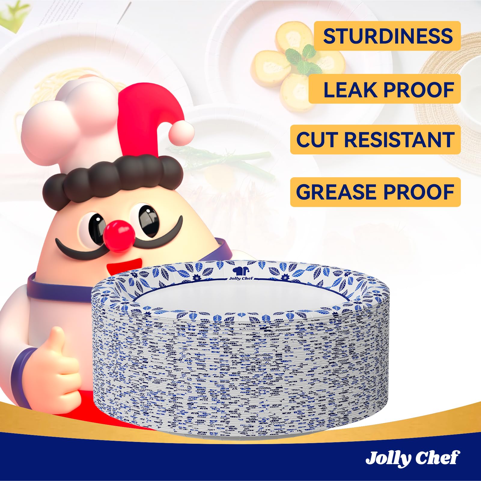 JOLLY CHEF 8.37 inch Disposable Paper Plates 140 Count Soak Proof, Cut Proof, Heavy Duty Printed Disposable Plate for Everyday Use