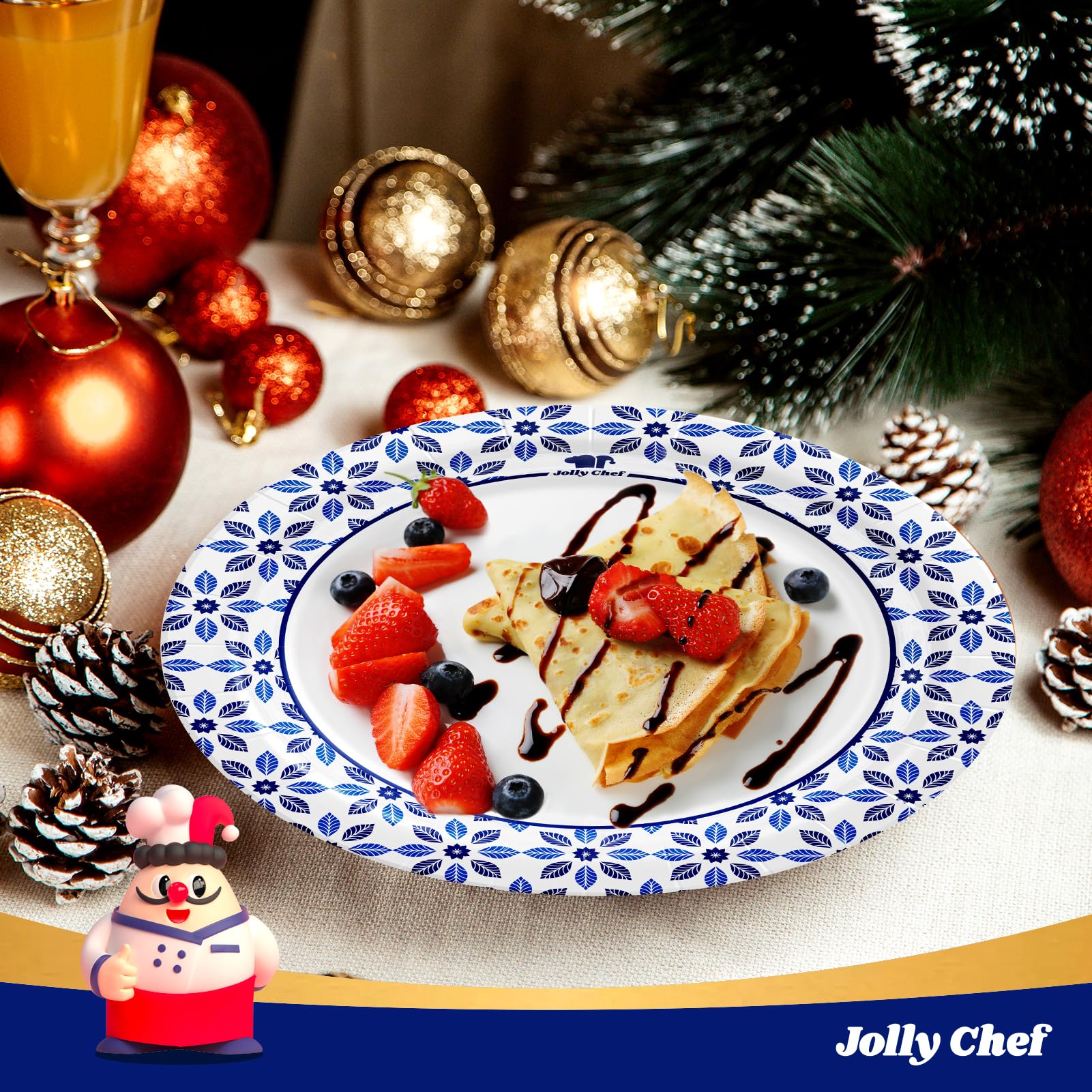 JOLLY CHEF 8.37 inch Disposable Paper Plates 140 Count Soak Proof, Cut Proof, Heavy Duty Printed Disposable Plate for Everyday Use