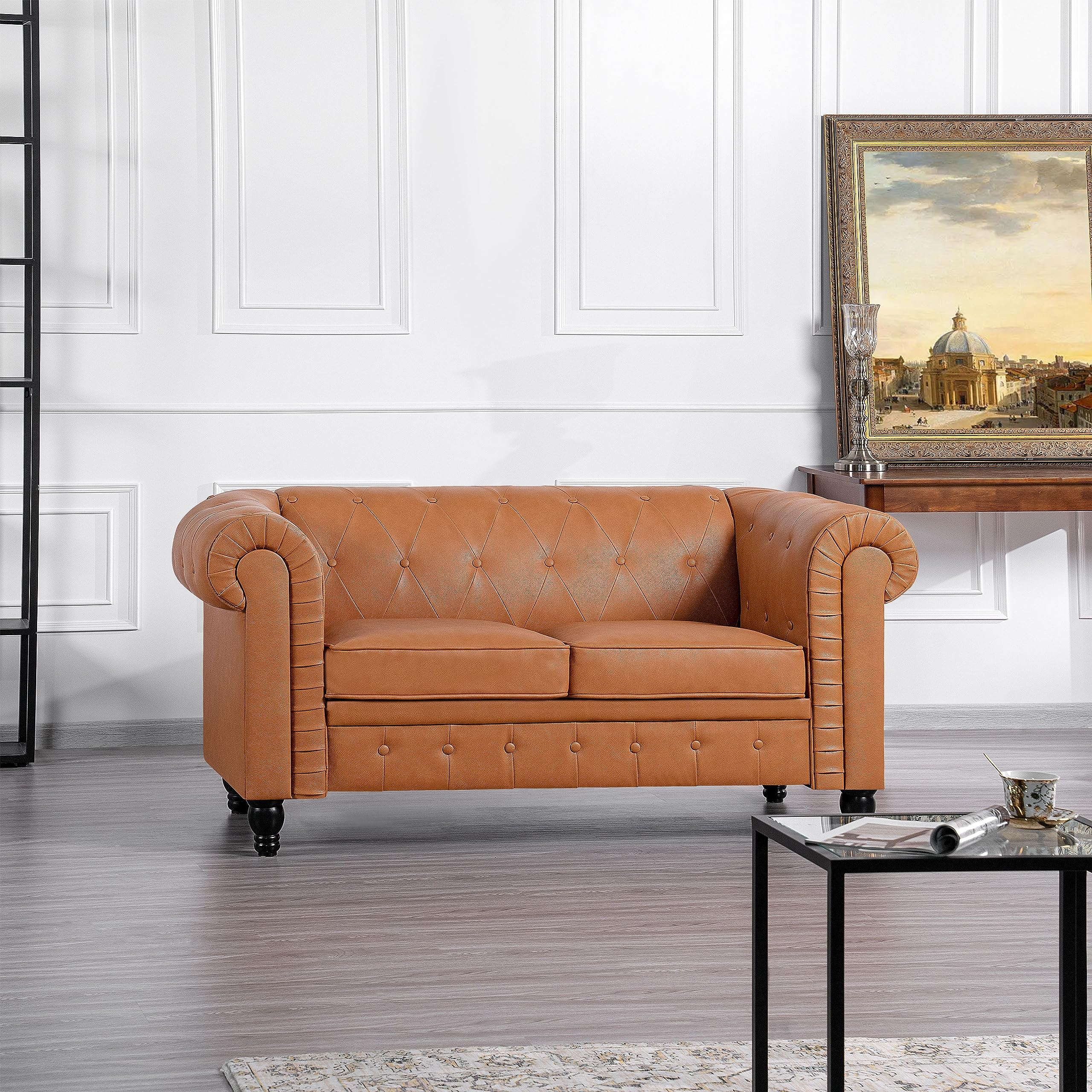 Emery Chesterfield 3 Piece Living Room Sectional Sofa Set with Rolled Arms, Tufted Cushion Sofas for Living Room Set Includes Sofa, Loveseat Couch, Accent Arm Chair / Easy Tool-Free Assembly β Caramel