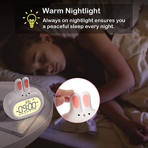 Rabbit Digital Alarm Clock with Day of Week Display, Cute Design Bunny Look, Easy Setting, Snooze, Night Light, Thermometer, Rechargeable, Kawaii Decor for Bedroom, Bedside, Adult, Kid, Gift, White
