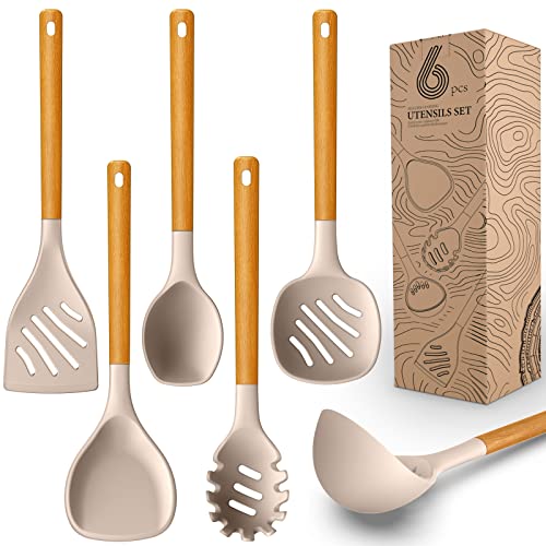 Large Silicone Cooking Utensils Set - Heat Resistant Silicone Utensils for Cooking w Long Wooden Handles, Kitchen Utensil Spatula Set, Kitchen Gadgets for Non-Stick Cookware, BPA Free(Khaki)
