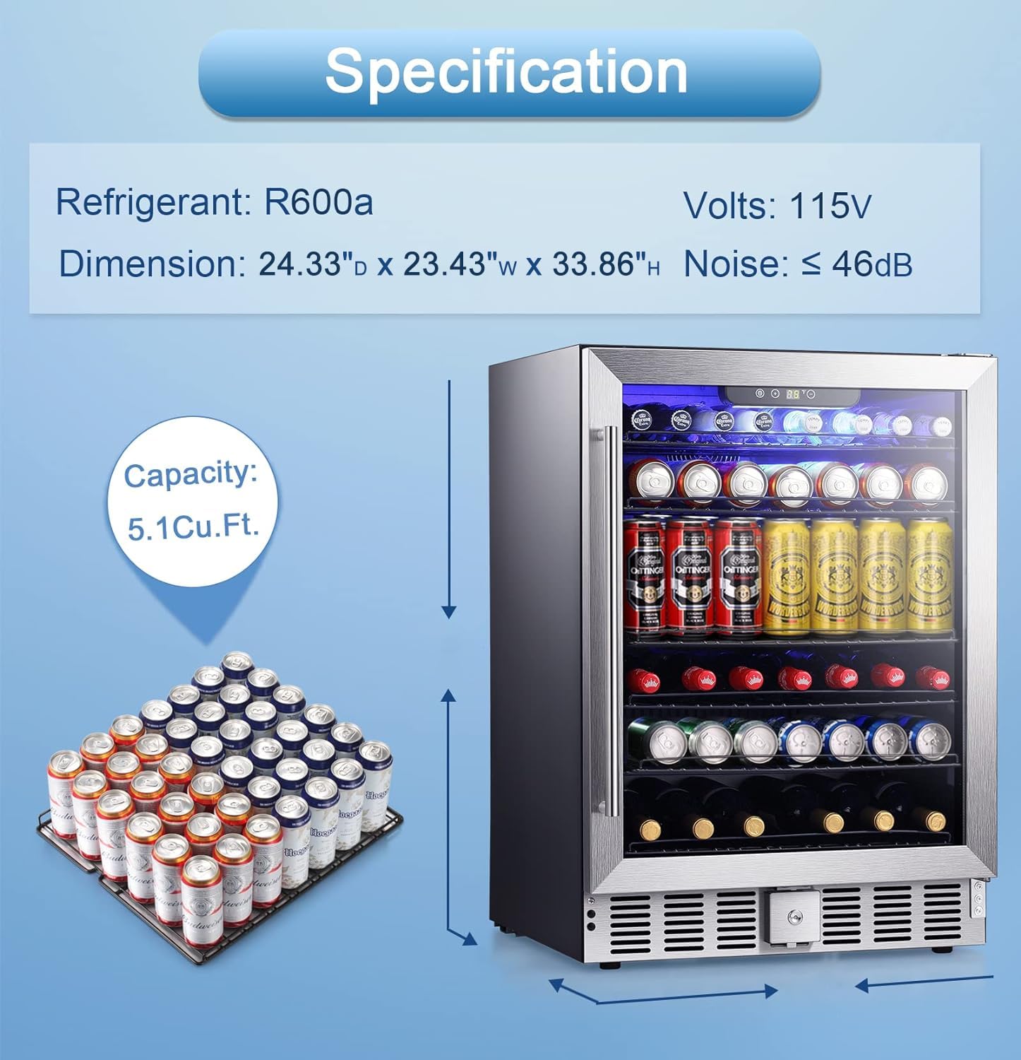 Antarctic Star 24 Inch Beverage Refrigerator Cooler - 5.1 Cu.Ft Wine Cooler with Adjustable Shelf, Low Noise, Transparent Glass Door with Safty Lock, Stainless Steel Handle, for Kitchen/Office/Bar.