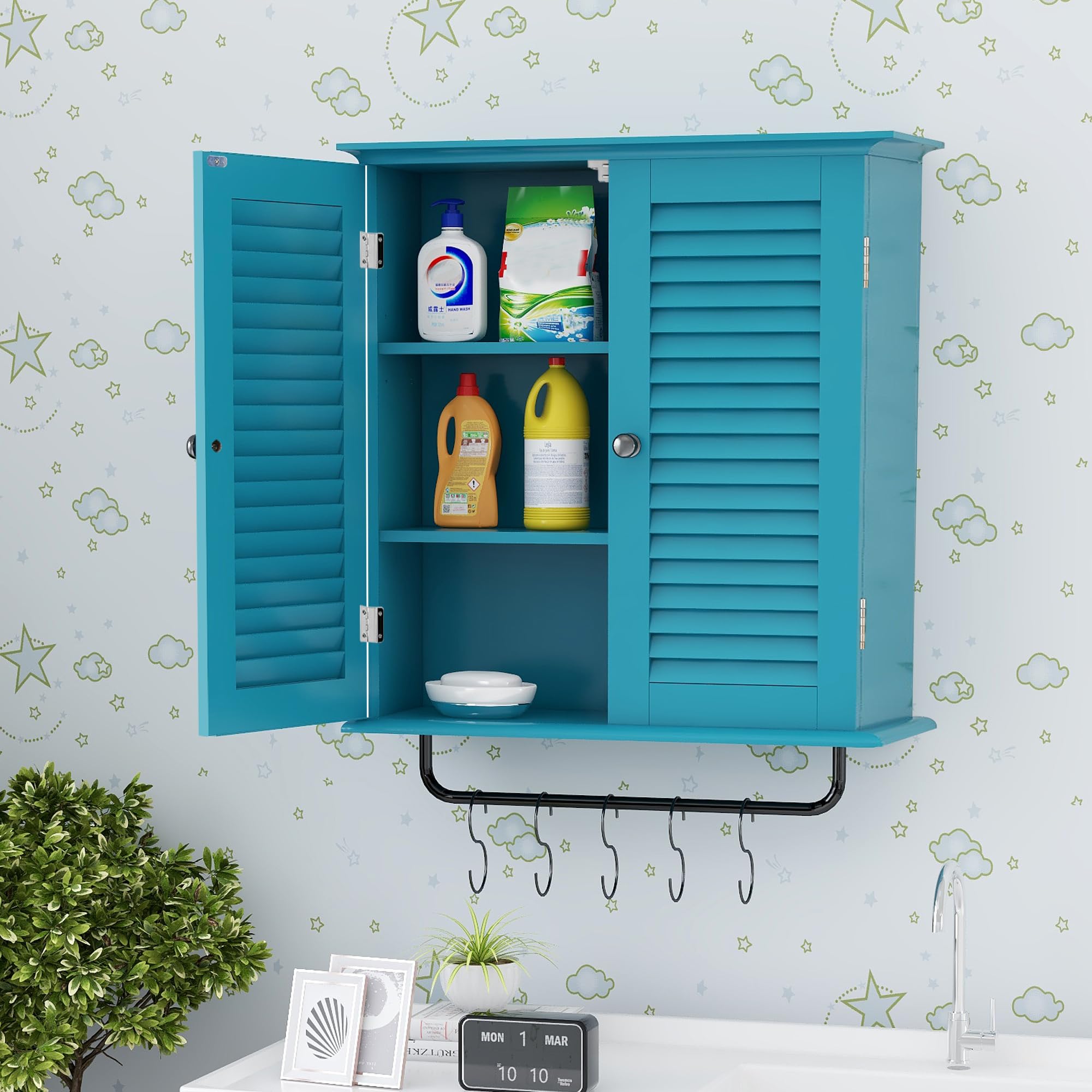 TaoHFE Bathroom Cabinet Wall Mounted Turquoise Designer Bathroom Wall Cabinet Medicine Cabinet with Double Shutter Doors 3 Tier Adjustable Shelf with Towel Rack Over The Toilet Storage Cabinet Laundry