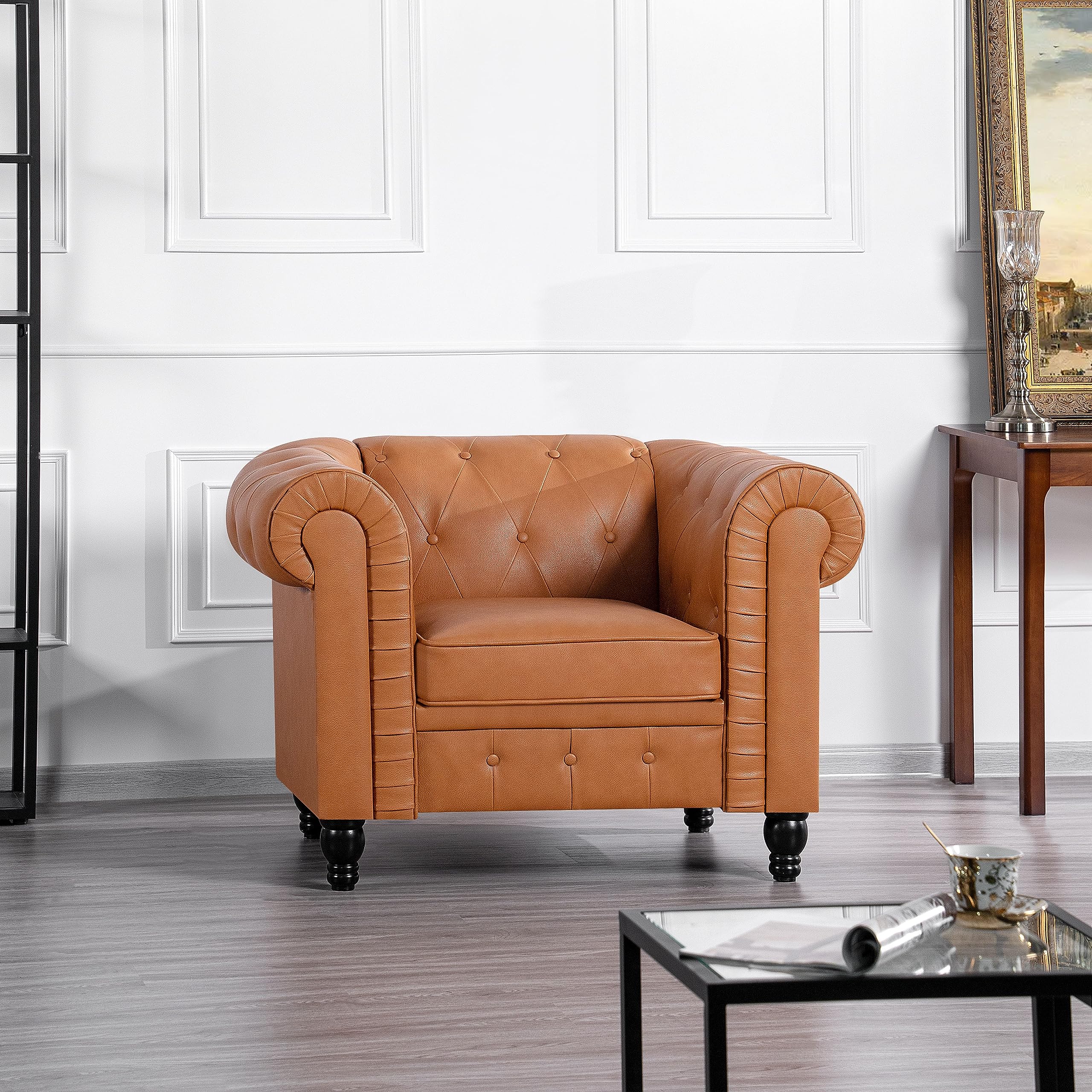 Emery Chesterfield 3 Piece Living Room Sectional Sofa Set with Rolled Arms, Tufted Cushion Sofas for Living Room Set Includes Sofa, Loveseat Couch, Accent Arm Chair / Easy Tool-Free Assembly β Caramel