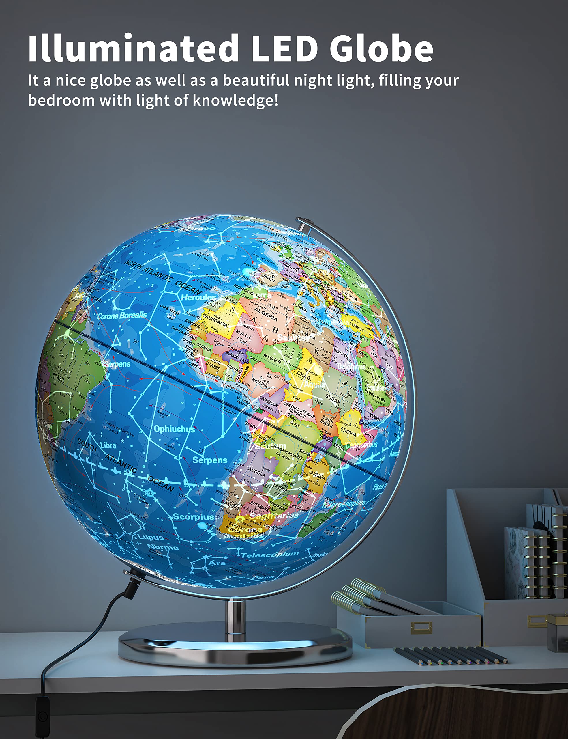 Waldauge Illuminated World Globe with Stand, 13" Earth Globes with Stable Heavy Metal Base for Kids Classroom Learning, LED Constellation Globe Night Light with HD Printed Map