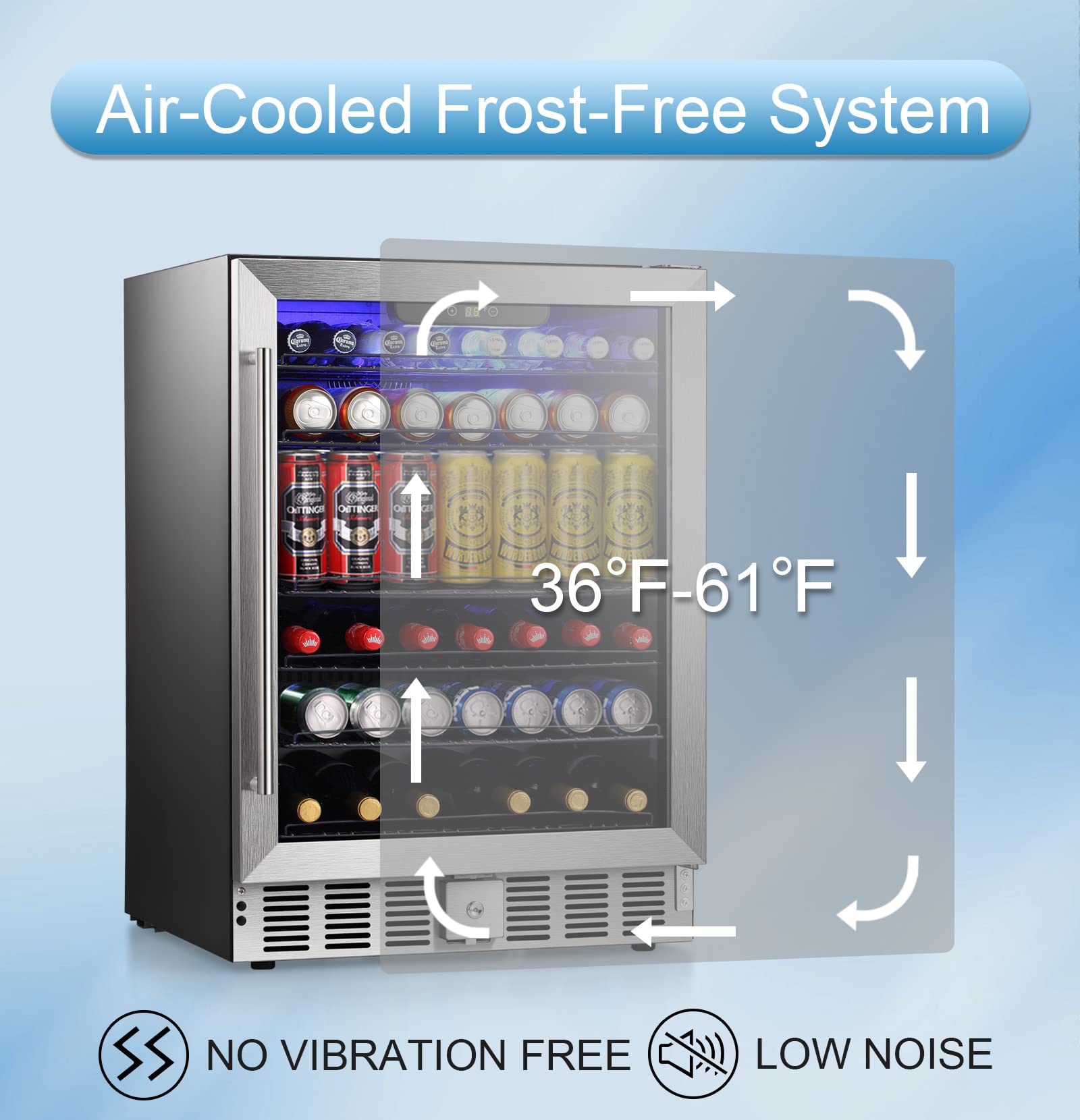 Antarctic Star 24 Inch Beverage Refrigerator Cooler - 5.1 Cu.Ft Wine Cooler with Adjustable Shelf, Low Noise, Transparent Glass Door with Safty Lock, Stainless Steel Handle, for Kitchen/Office/Bar.