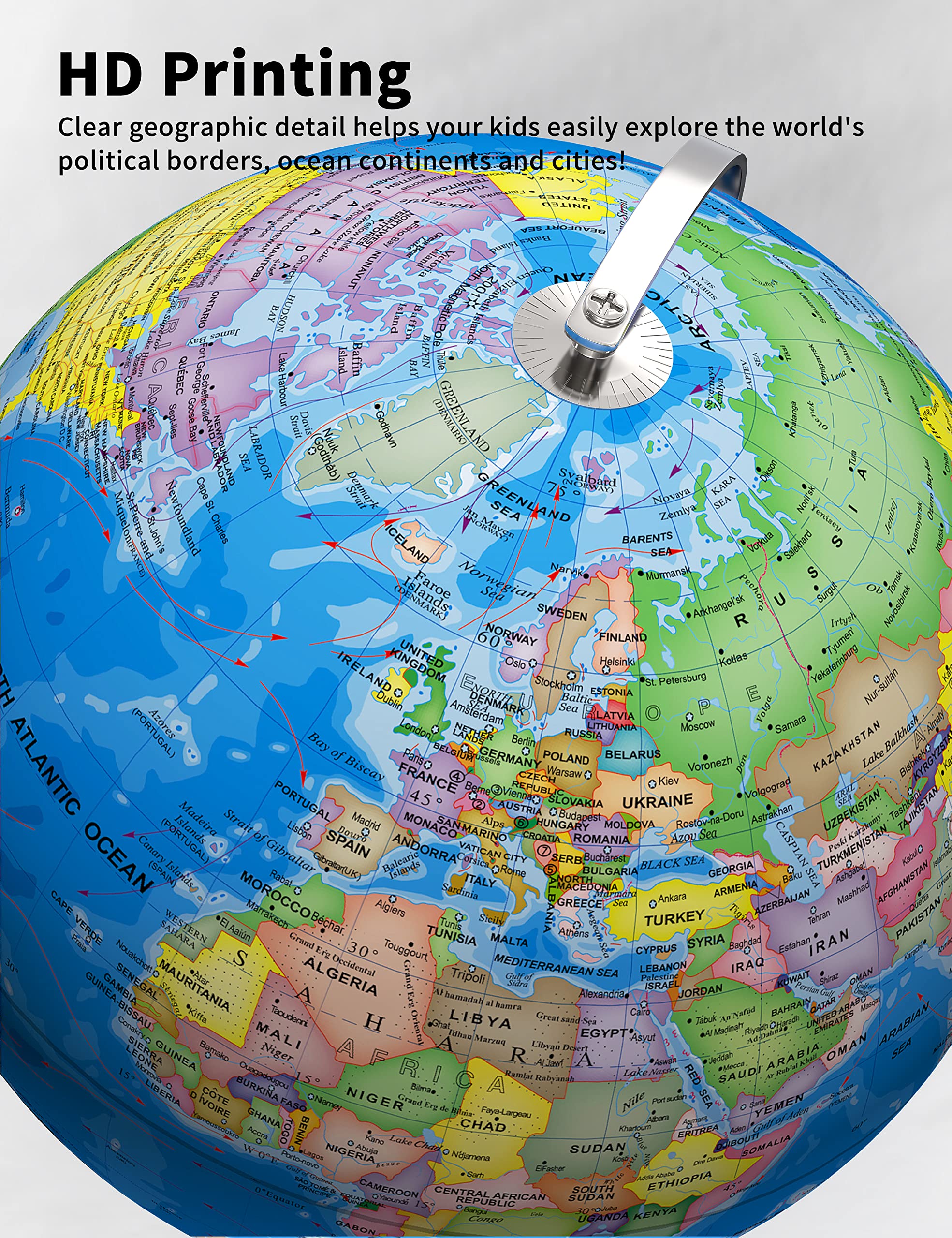Waldauge Illuminated World Globe with Stand, 13" Earth Globes with Stable Heavy Metal Base for Kids Classroom Learning, LED Constellation Globe Night Light with HD Printed Map