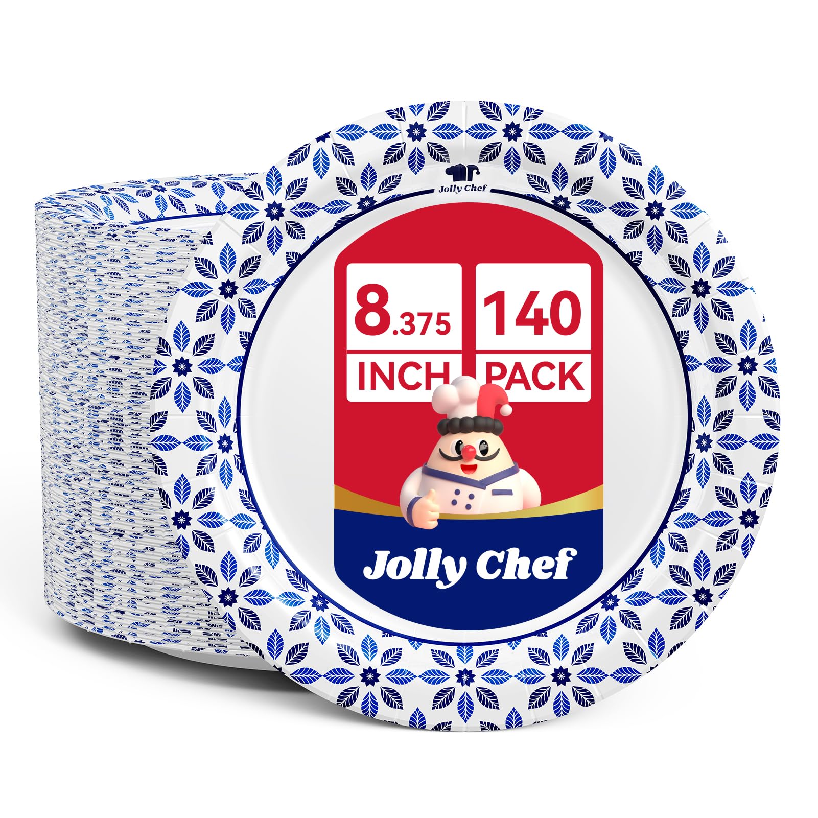 JOLLY CHEF 8.37 inch Disposable Paper Plates 140 Count Soak Proof, Cut Proof, Heavy Duty Printed Disposable Plate for Everyday Use