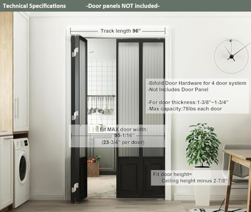 DIYHD 96" Bifold Interior Door Hardware,Ceiling Mount Bi Folding Closet Door Kit for 4 Door,Fit Door Width 95-1/16",No Door