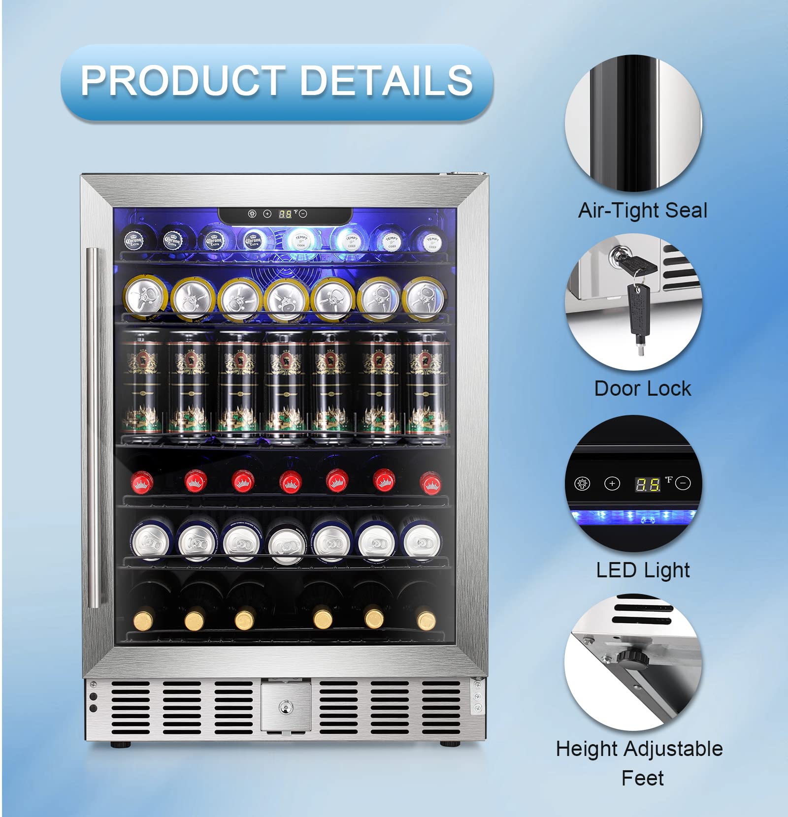 Antarctic Star 24 Inch Beverage Refrigerator Cooler - 5.1 Cu.Ft Wine Cooler with Adjustable Shelf, Low Noise, Transparent Glass Door with Safty Lock, Stainless Steel Handle, for Kitchen/Office/Bar.