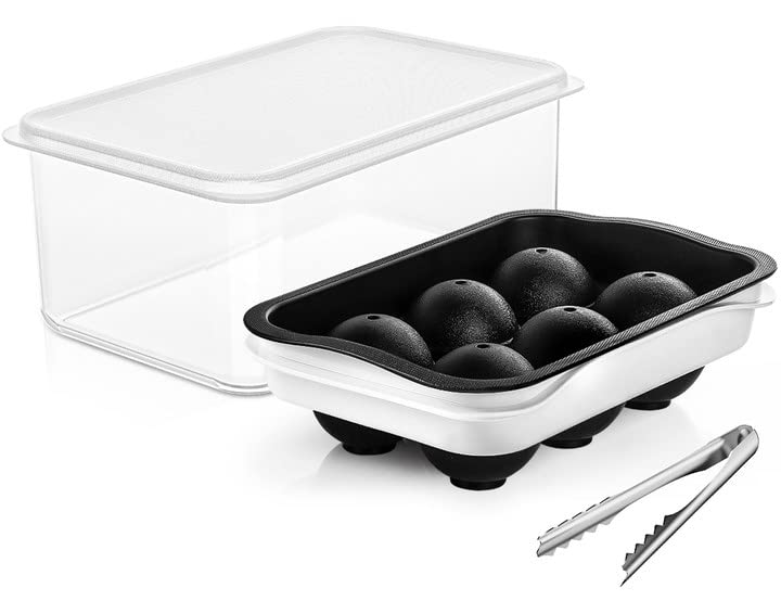 Whiskey Ice Ball Maker with Lid and Bin, Round Ice Cube Trays for Freezer, Large Sphere Whiskey Ice Cube Tray,Circle Ice Cube Tray for Cocktail Bourbon Brandy Scotch