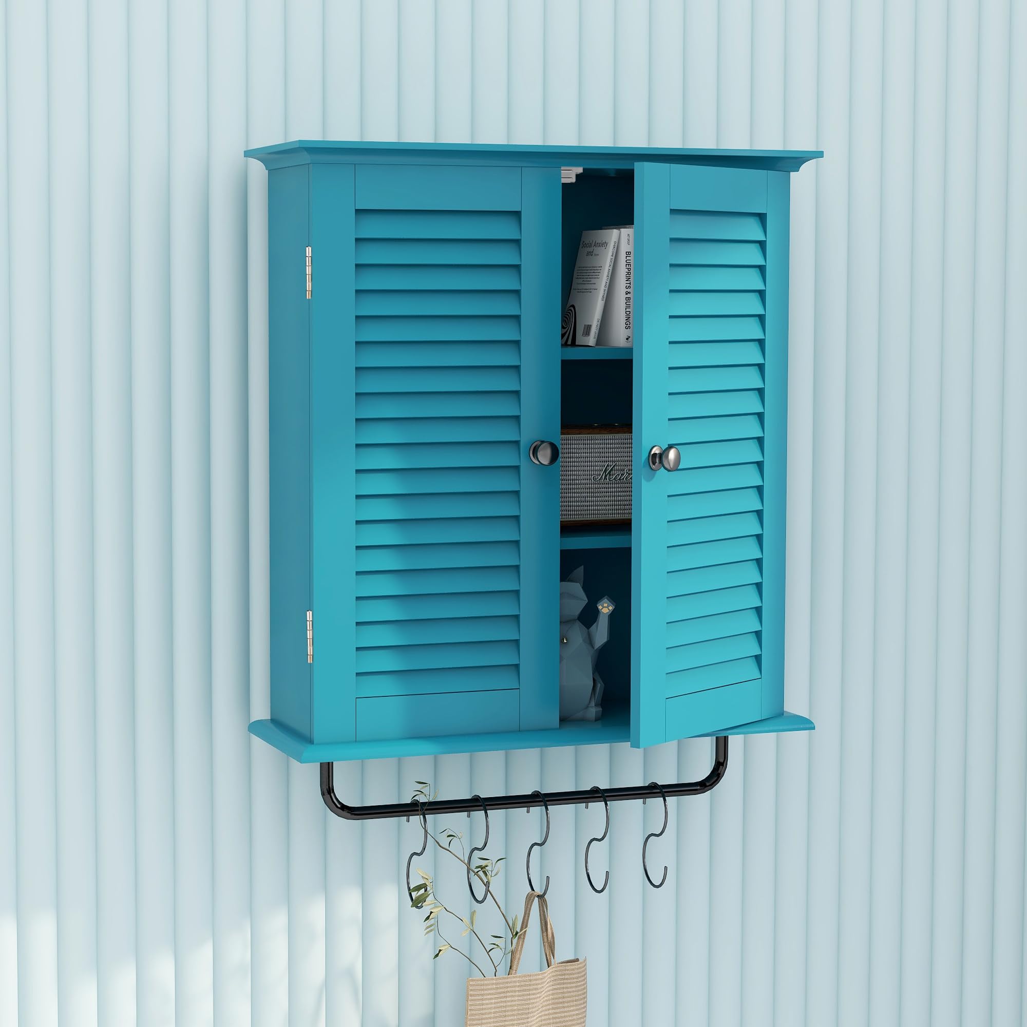 TaoHFE Bathroom Cabinet Wall Mounted Turquoise Designer Bathroom Wall Cabinet Medicine Cabinet with Double Shutter Doors 3 Tier Adjustable Shelf with Towel Rack Over The Toilet Storage Cabinet Laundry