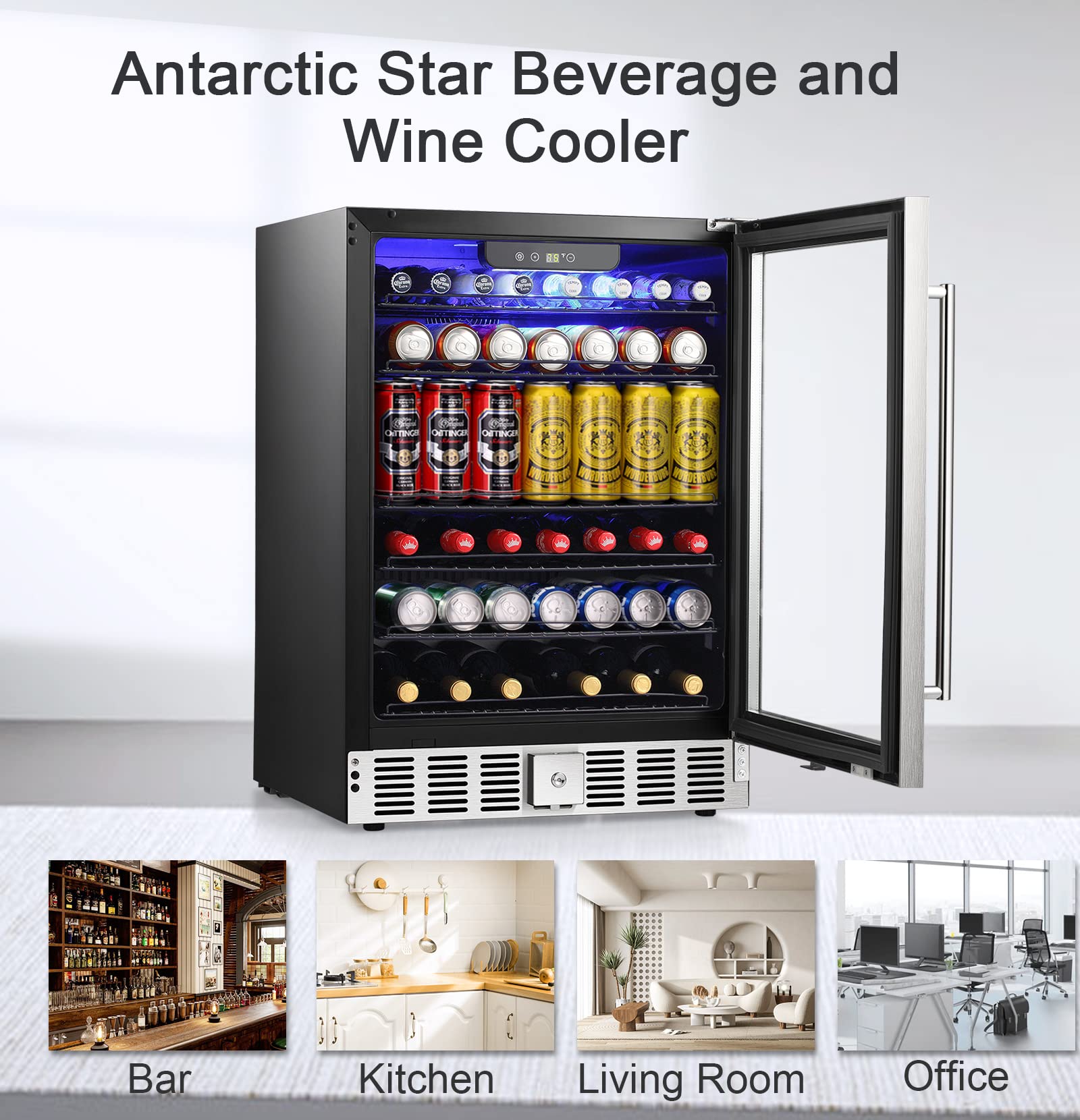 Antarctic Star 24 Inch Beverage Refrigerator Cooler - 5.1 Cu.Ft Wine Cooler with Adjustable Shelf, Low Noise, Transparent Glass Door with Safty Lock, Stainless Steel Handle, for Kitchen/Office/Bar.