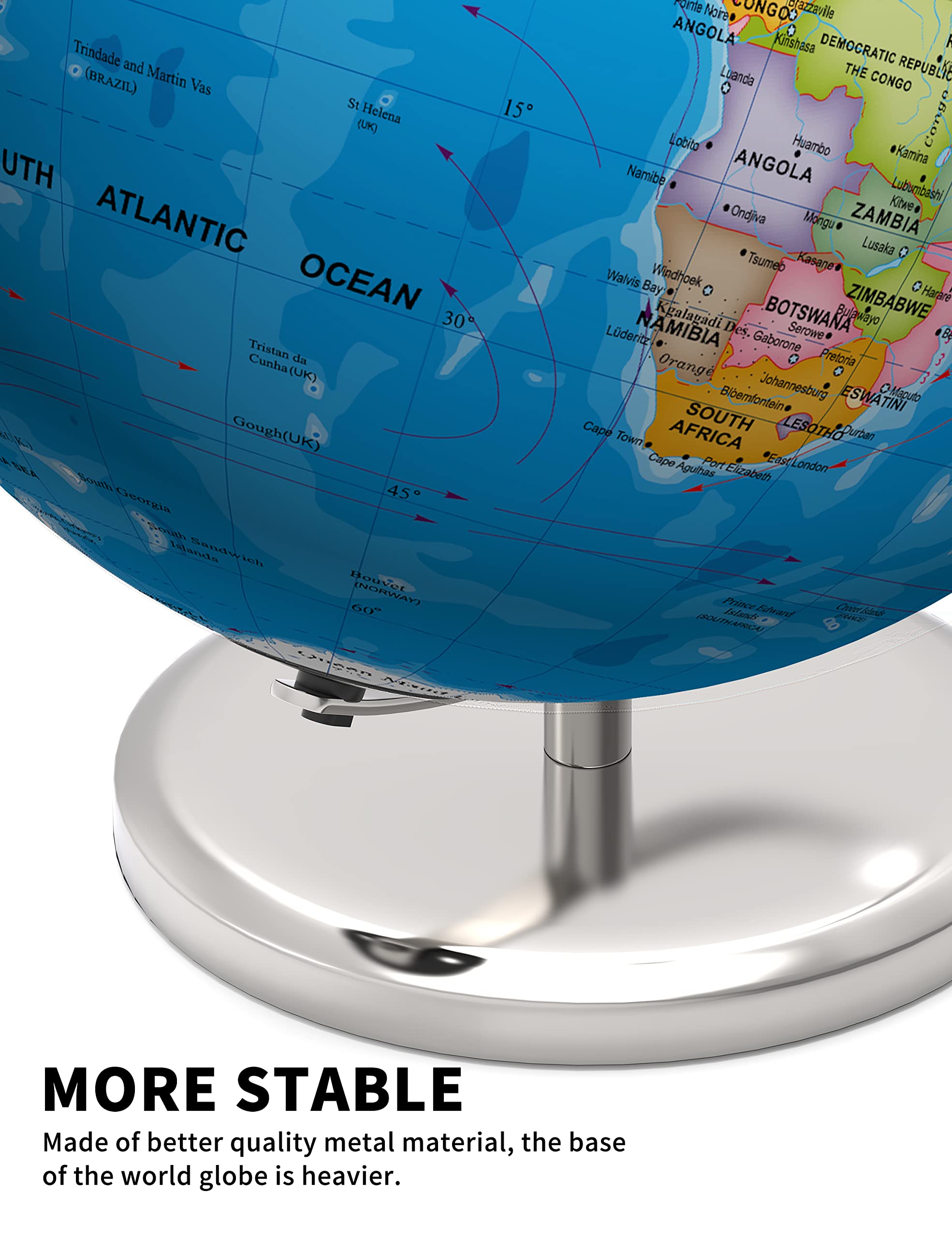 Waldauge Illuminated World Globe with Stand, 13" Earth Globes with Stable Heavy Metal Base for Kids Classroom Learning, LED Constellation Globe Night Light with HD Printed Map
