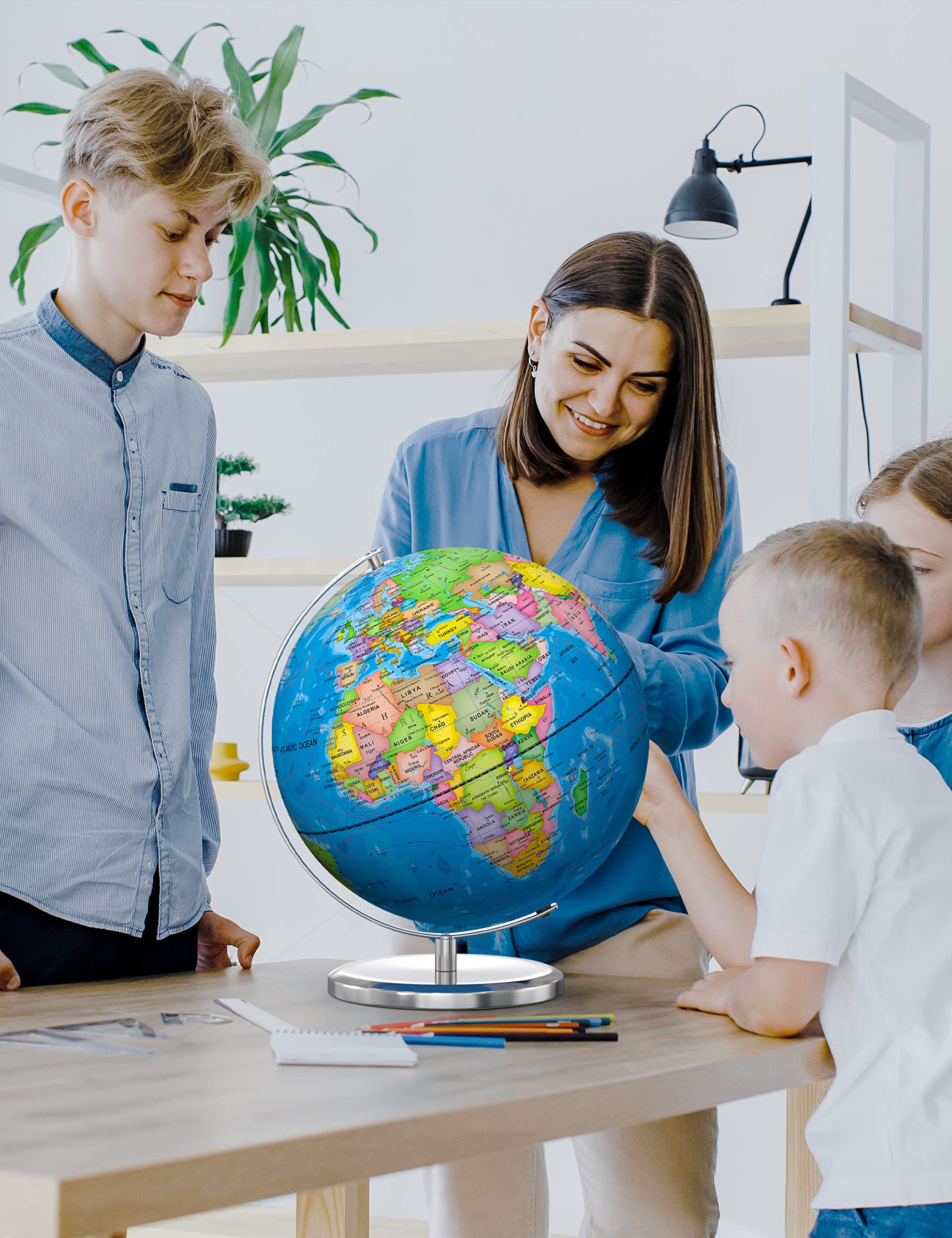 Waldauge Illuminated World Globe with Stand, 13" Earth Globes with Stable Heavy Metal Base for Kids Classroom Learning, LED Constellation Globe Night Light with HD Printed Map