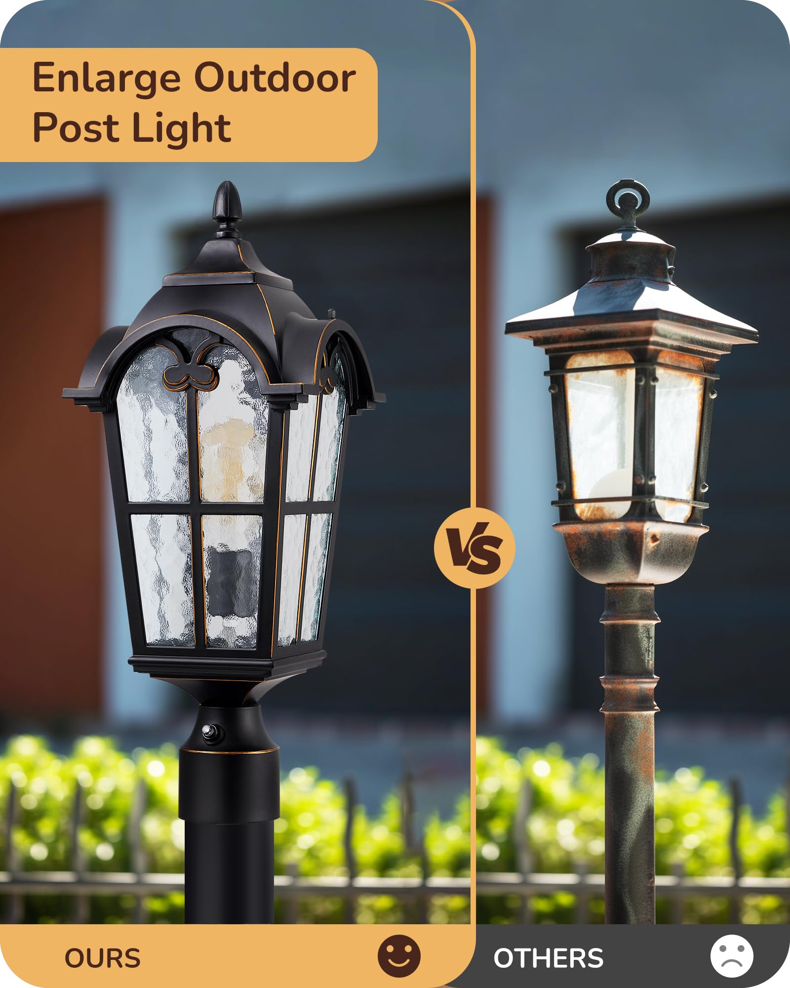 EDISHINE Large Size Dusk to Dawn Outdoor Post Light, 21.9'' H Pole Light Fixture with Pier Mount Base, Waterproof Exterior Lamp Post Lantern Head for Yard, Driveway, Fence, Black