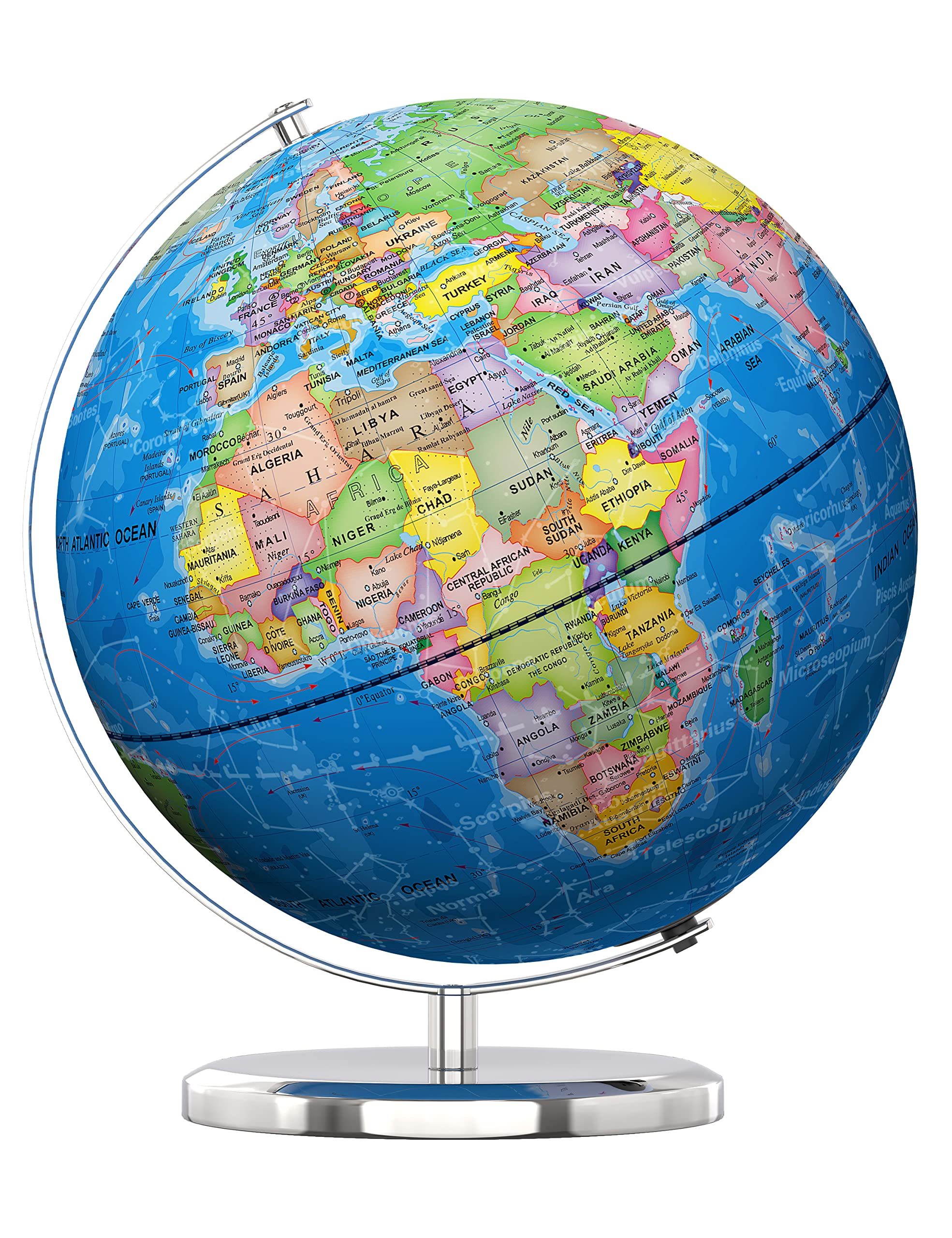 Waldauge Illuminated World Globe with Stand, 13" Earth Globes with Stable Heavy Metal Base for Kids Classroom Learning, LED Constellation Globe Night Light with HD Printed Map